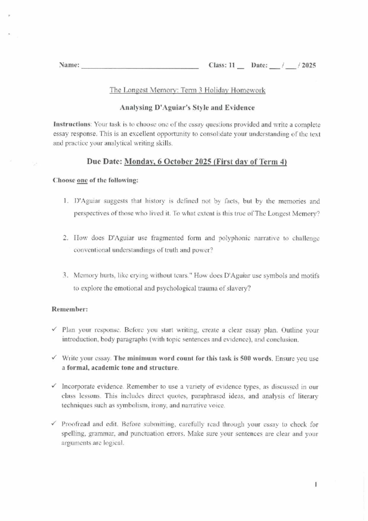 English 11s T3 Holiday Homework: Essay on The Longest Memory - Studocu