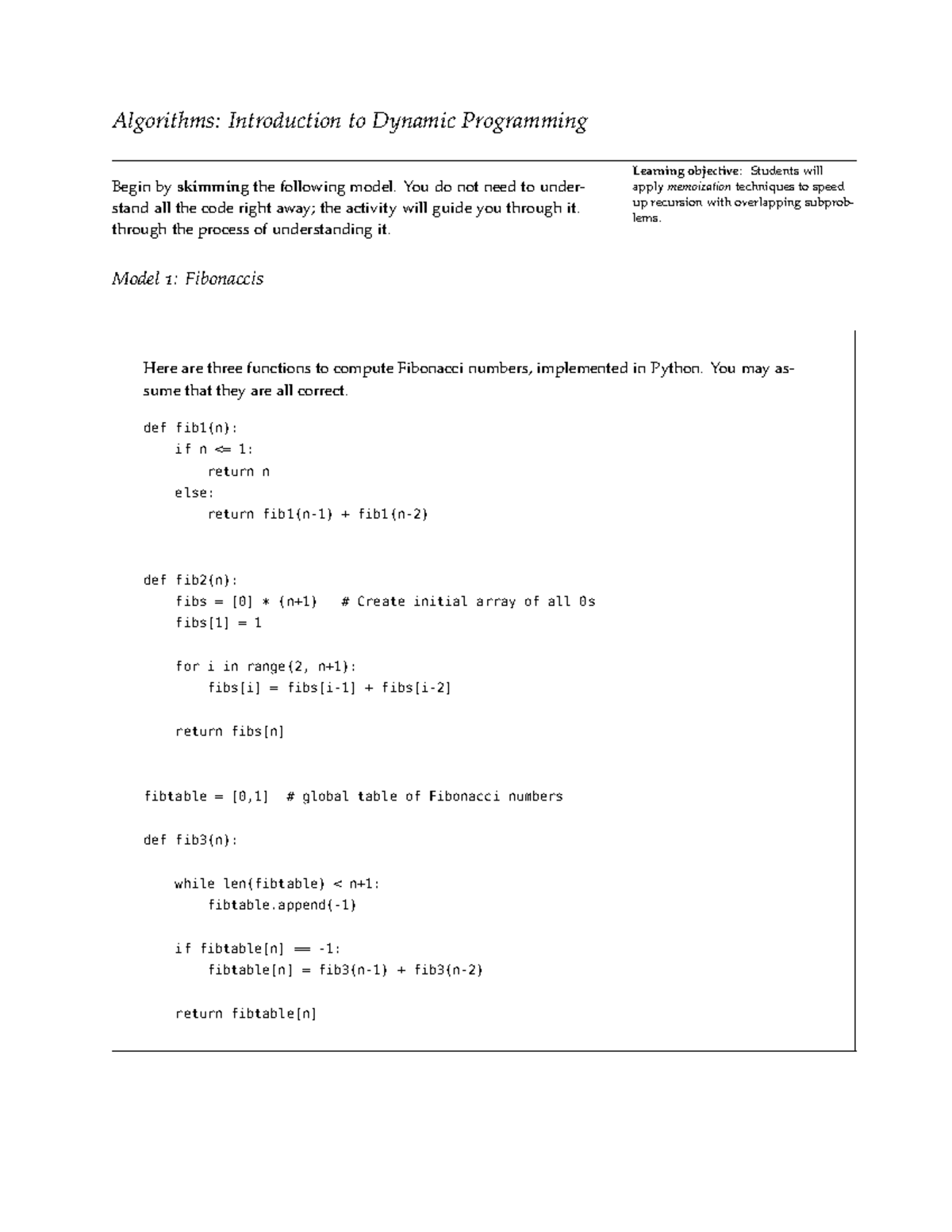Algorithms: Dynamic Programming Overview and Fibonacci Models - Studocu