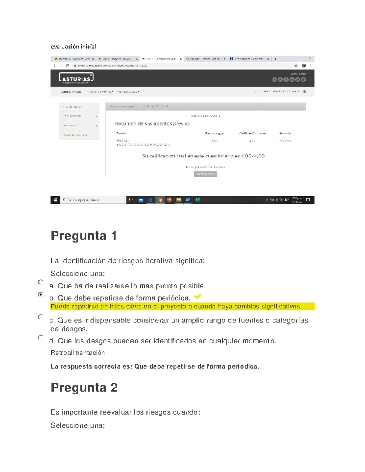 Final Evaluación de Riesgo: Preguntas y Respuestas Clave - Studocu