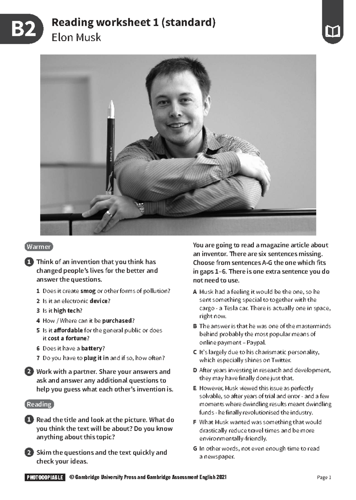 B2 Reading Worksheet 1: The Innovations of Elon Musk - Studocu