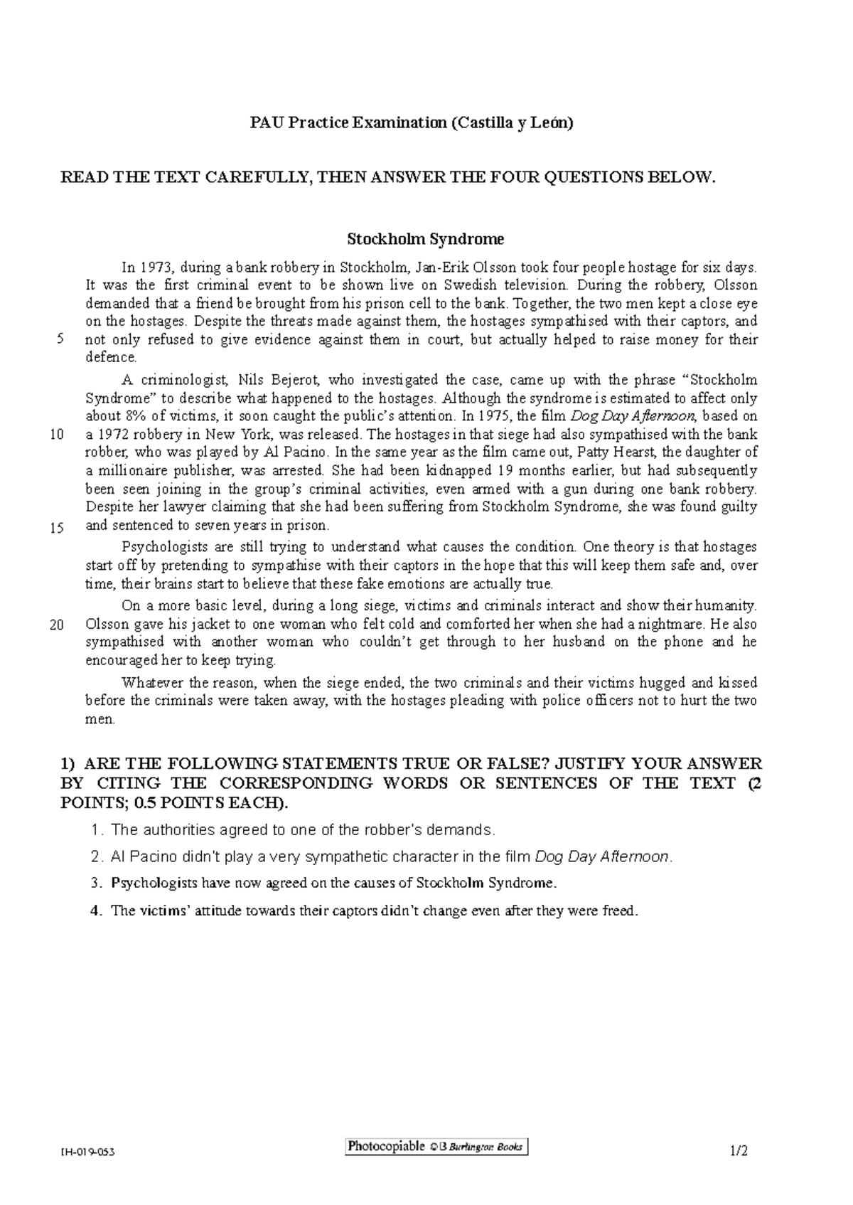 PAU Practice Exam: Understanding Stockholm Syndrome in Context - Studocu