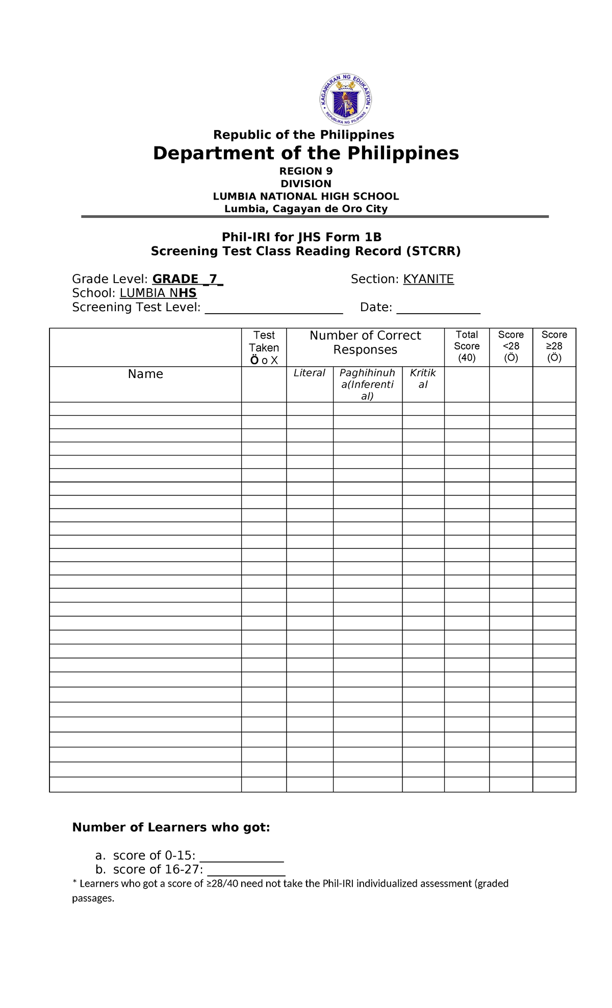 Phil-IRI for JHS Form 1 - Encl. 2.1 Phil-IRI Form 5 Gr 7-10 - Republic ...