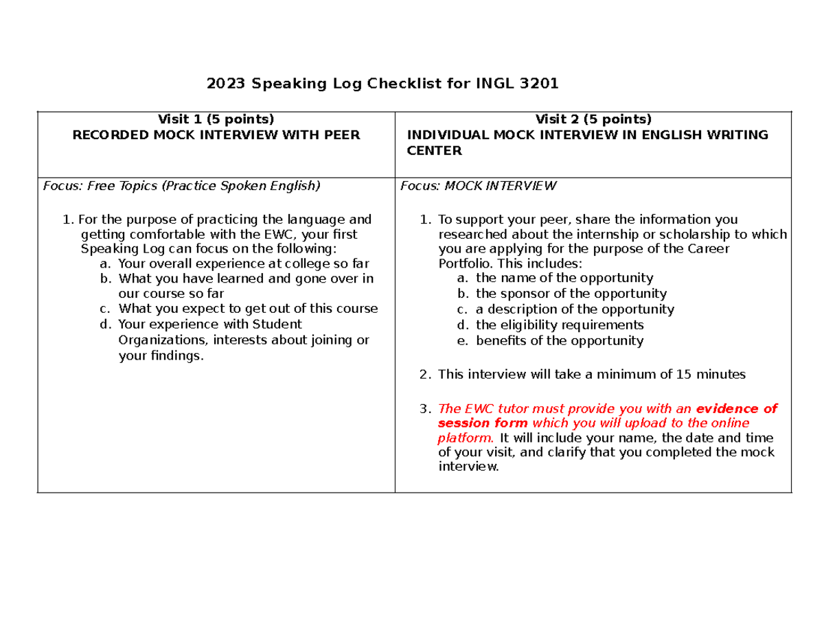 2023 Speaking Log Checklist for INGL 3201: Mock Interview Guide - Studocu