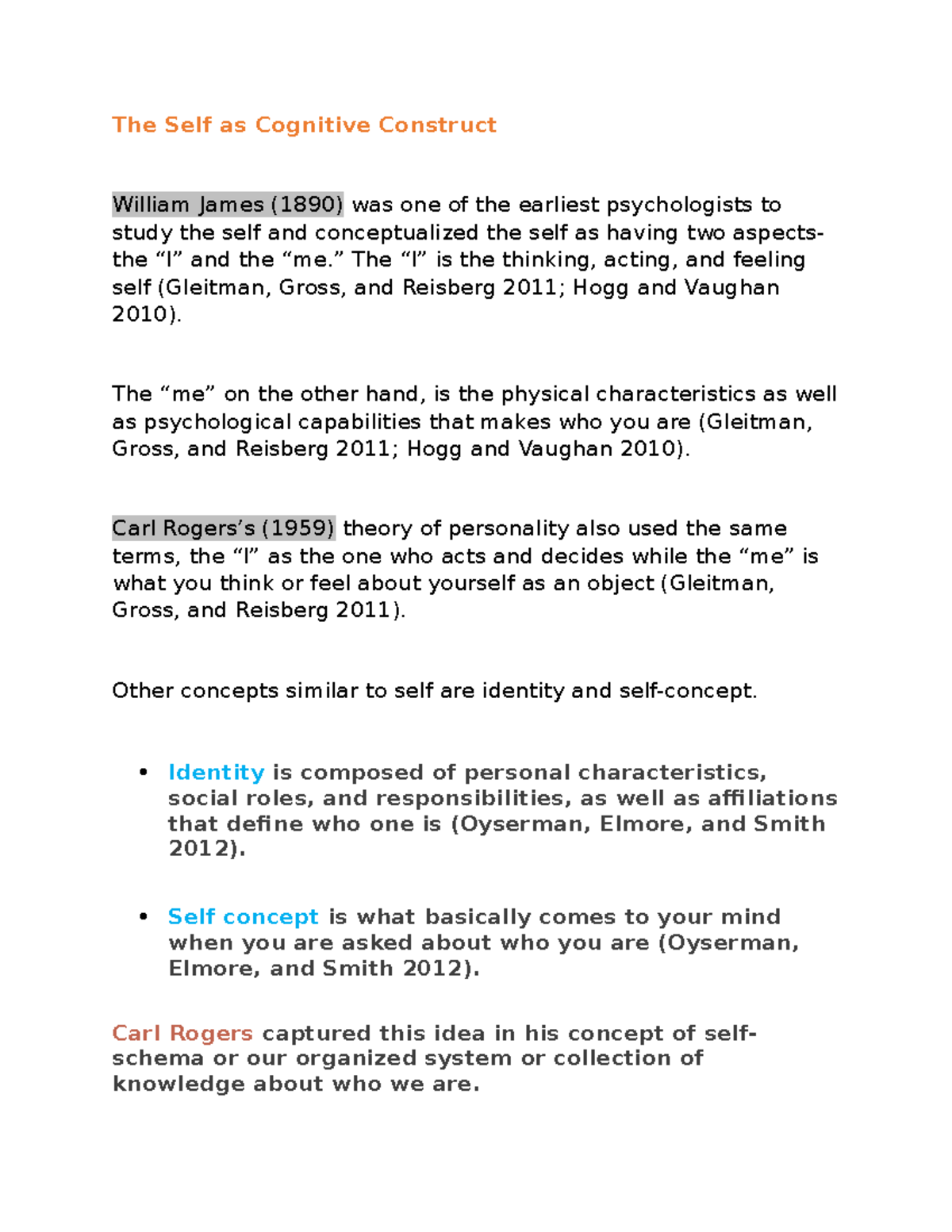 Understanding the Self: Cognitive Constructs and Theories - Studocu