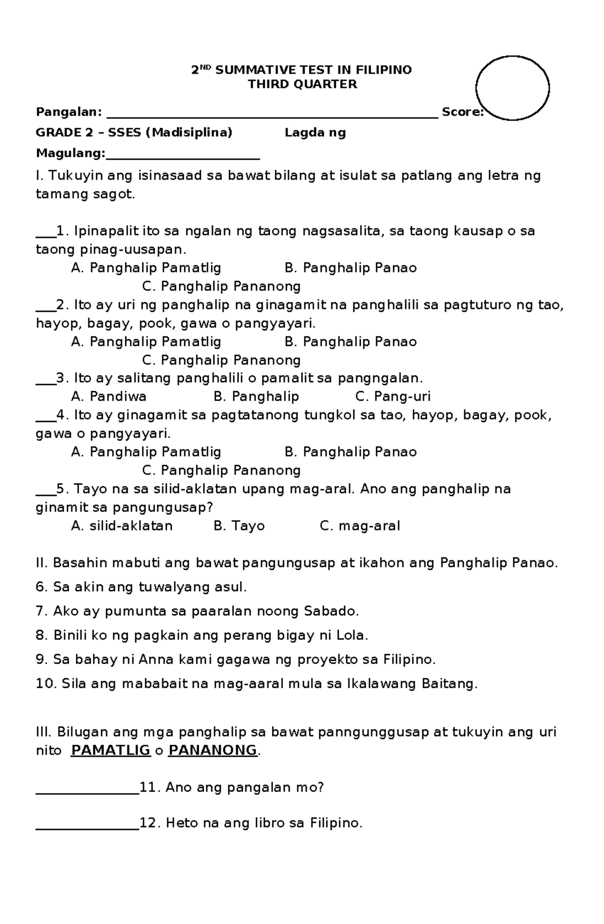 2nd Summative Test in Filipino for Grade 2 (3rd Quarter) - Studocu