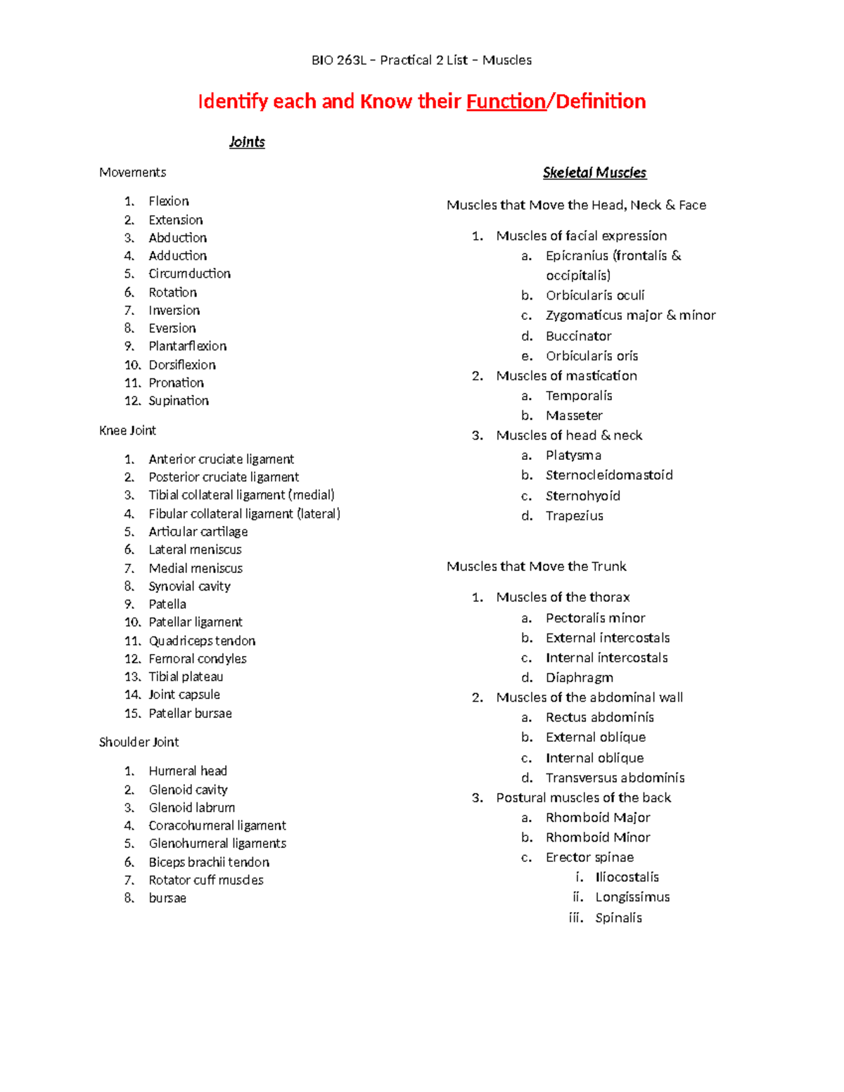 BIO 263L Practical 2: Muscle and Joint Movements Overview - Studocu