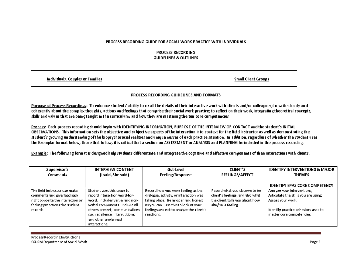 Process Recording Instructions for SOWK Practice with Individuals ...