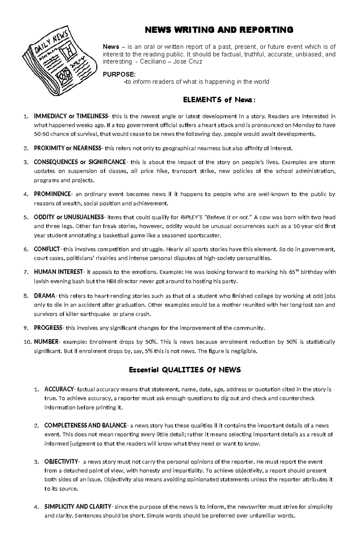 NEWS Writing and Reporting: Key Elements and Qualities - Studocu