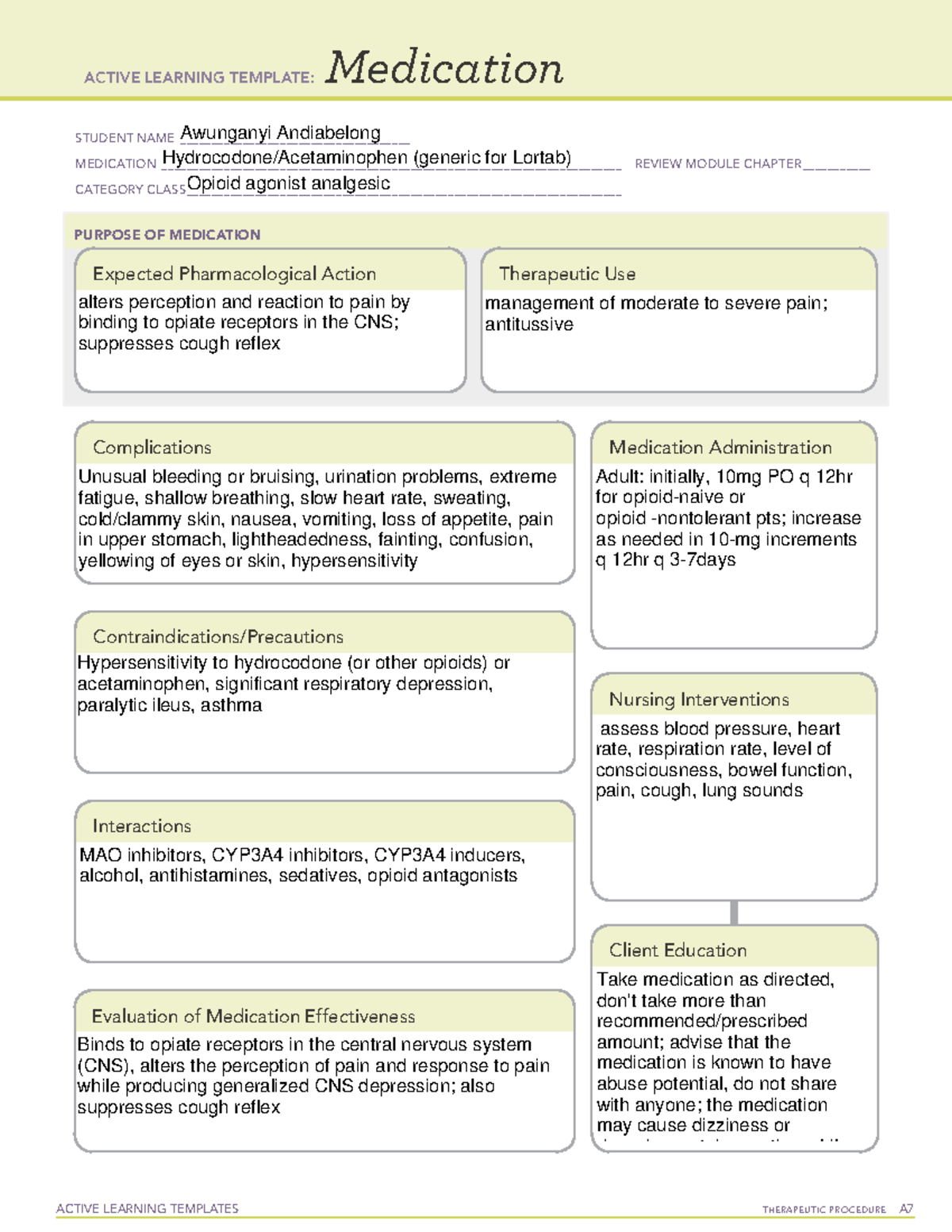 ATI Medication template Hydrocodone - ACTIVE LEARNING TEMPLATES ...