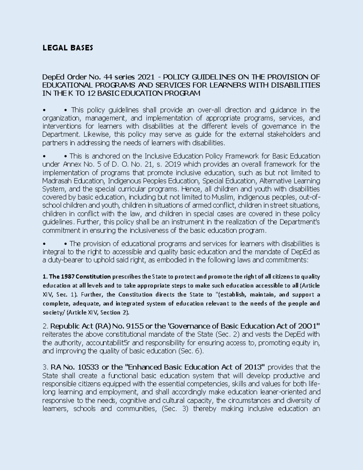 Legal Bases - Summary of the Topic - LEGAL BASES DepEd Order No. 44 ...