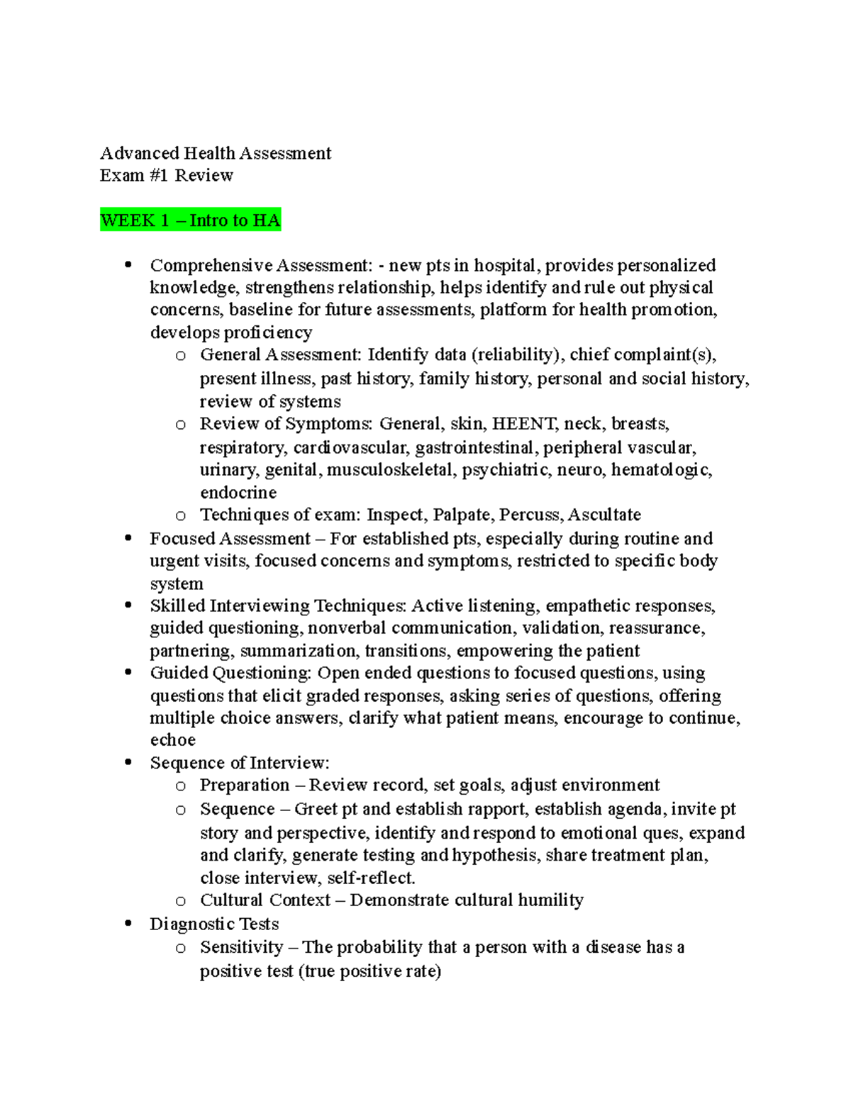 Advanced Health Assessment (HA 101) - Exam 1 Study Guide - Studocu