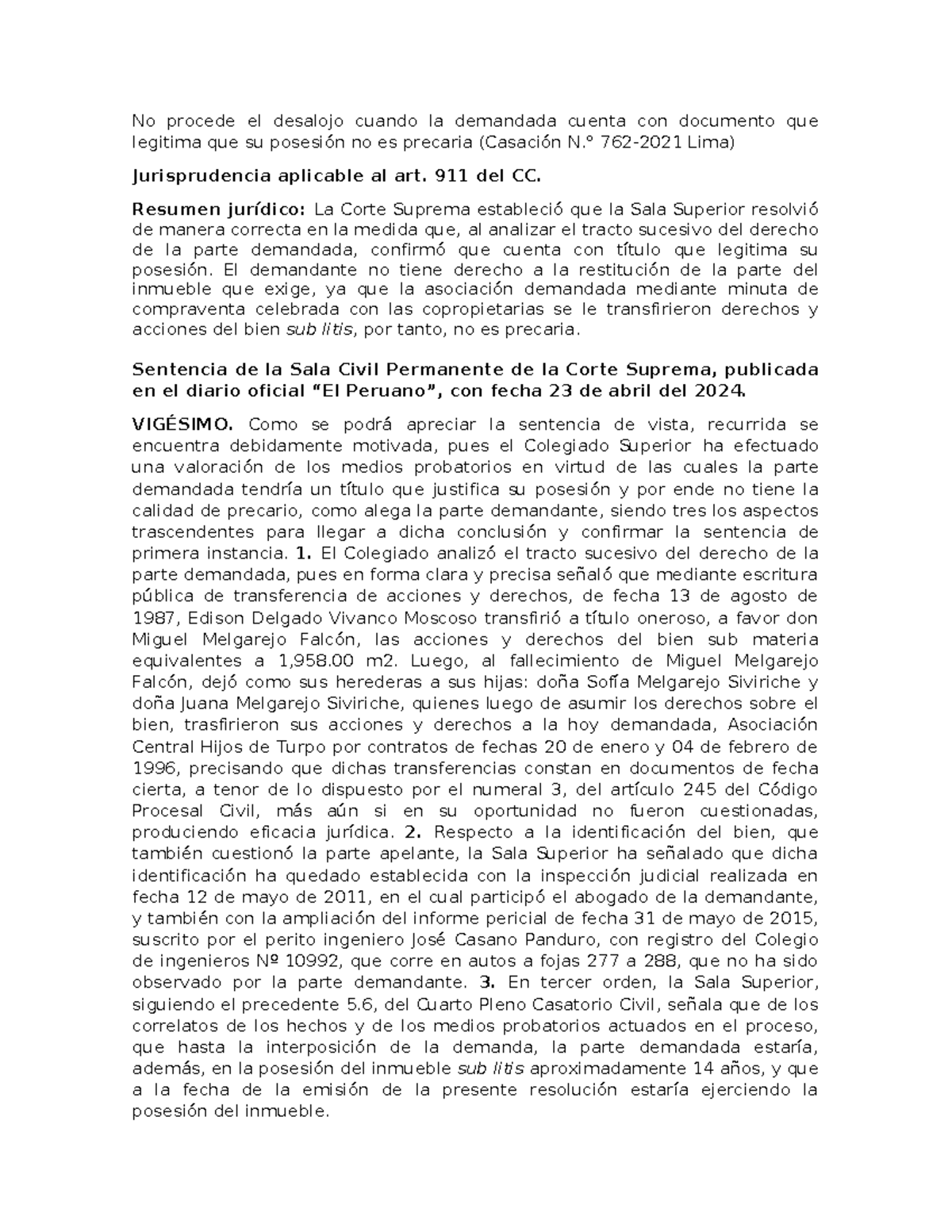 Jurisprudencia sobre Desalojo y Posesión Legítima (Casación Lima) - Studocu