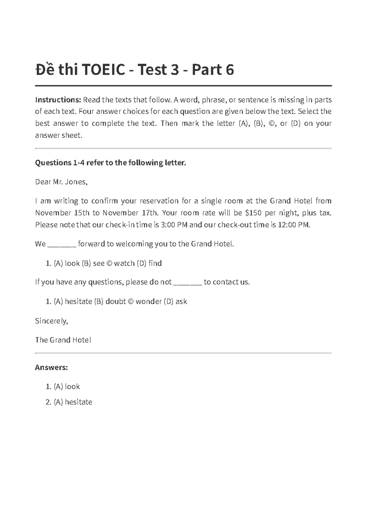 Test 3 TOEIC Part 6: Text Completion Practice - Studocu