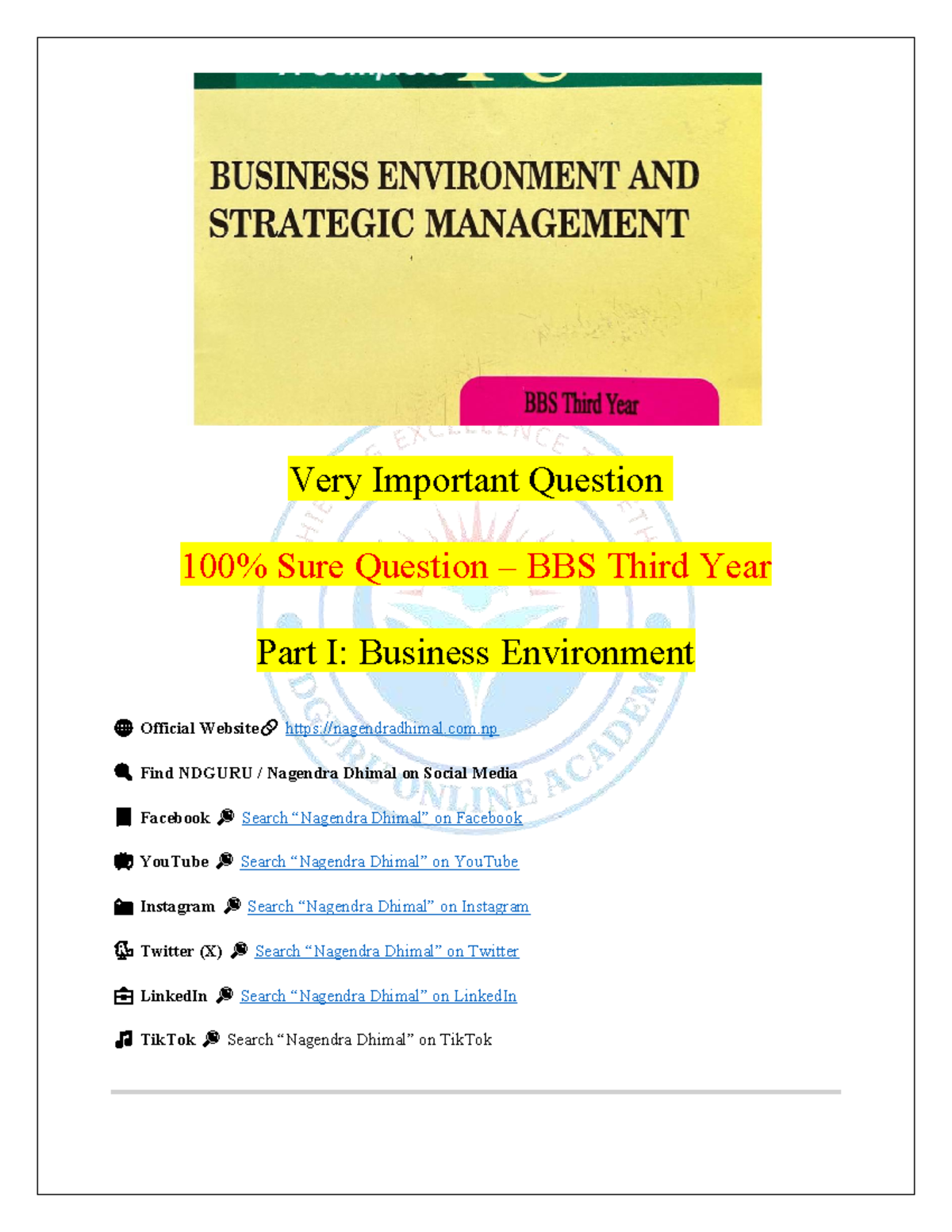 Important Questions for BBS Third Year: Business Environment & Strategy ...