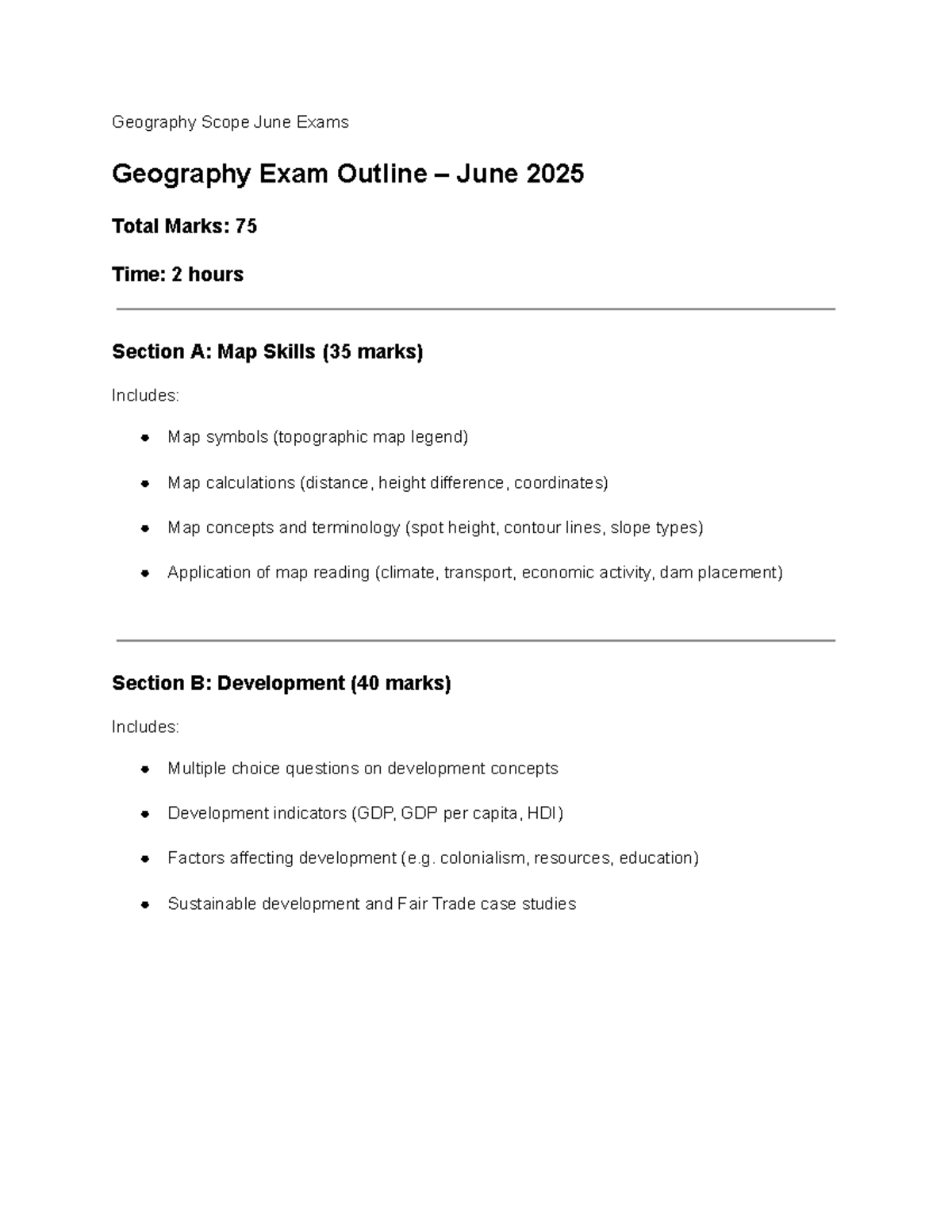 Geography 9 Exam Outline: Map Skills & Development Topics - June 2025 ...