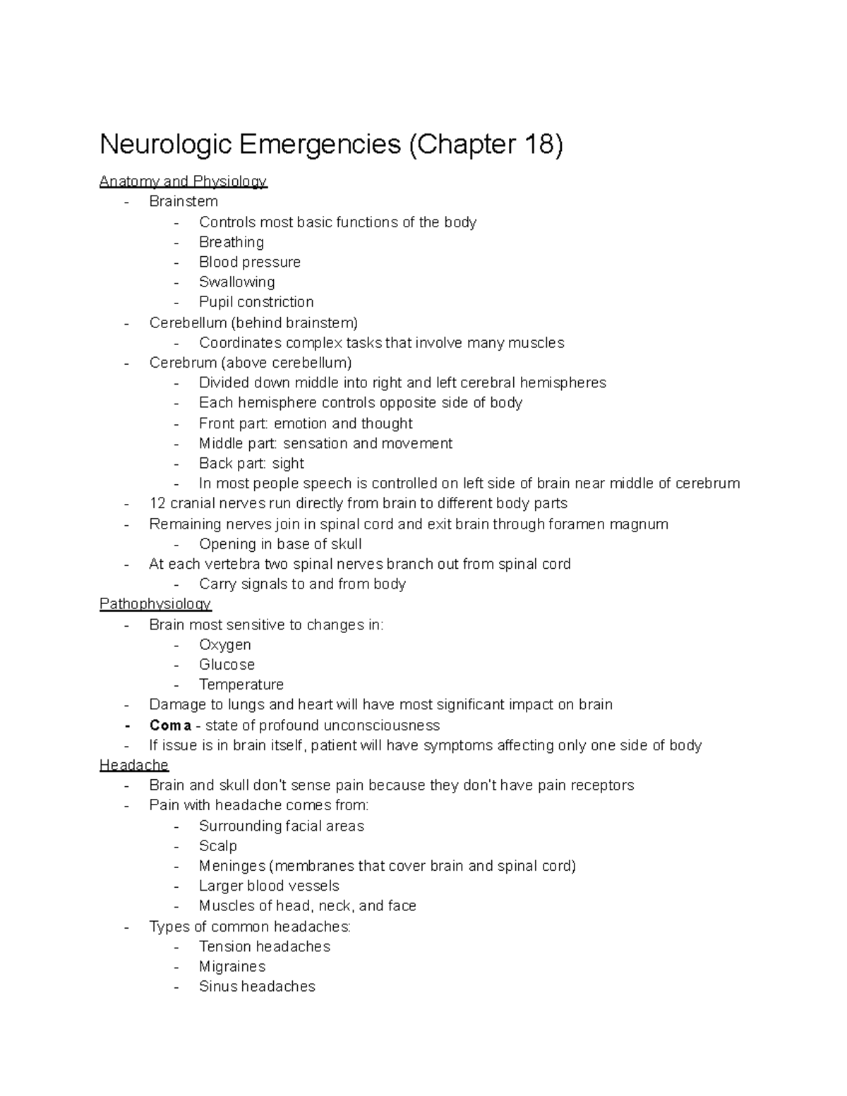 Neurologic Emergencies Overview & Assessment (Chapter 18) - Studocu