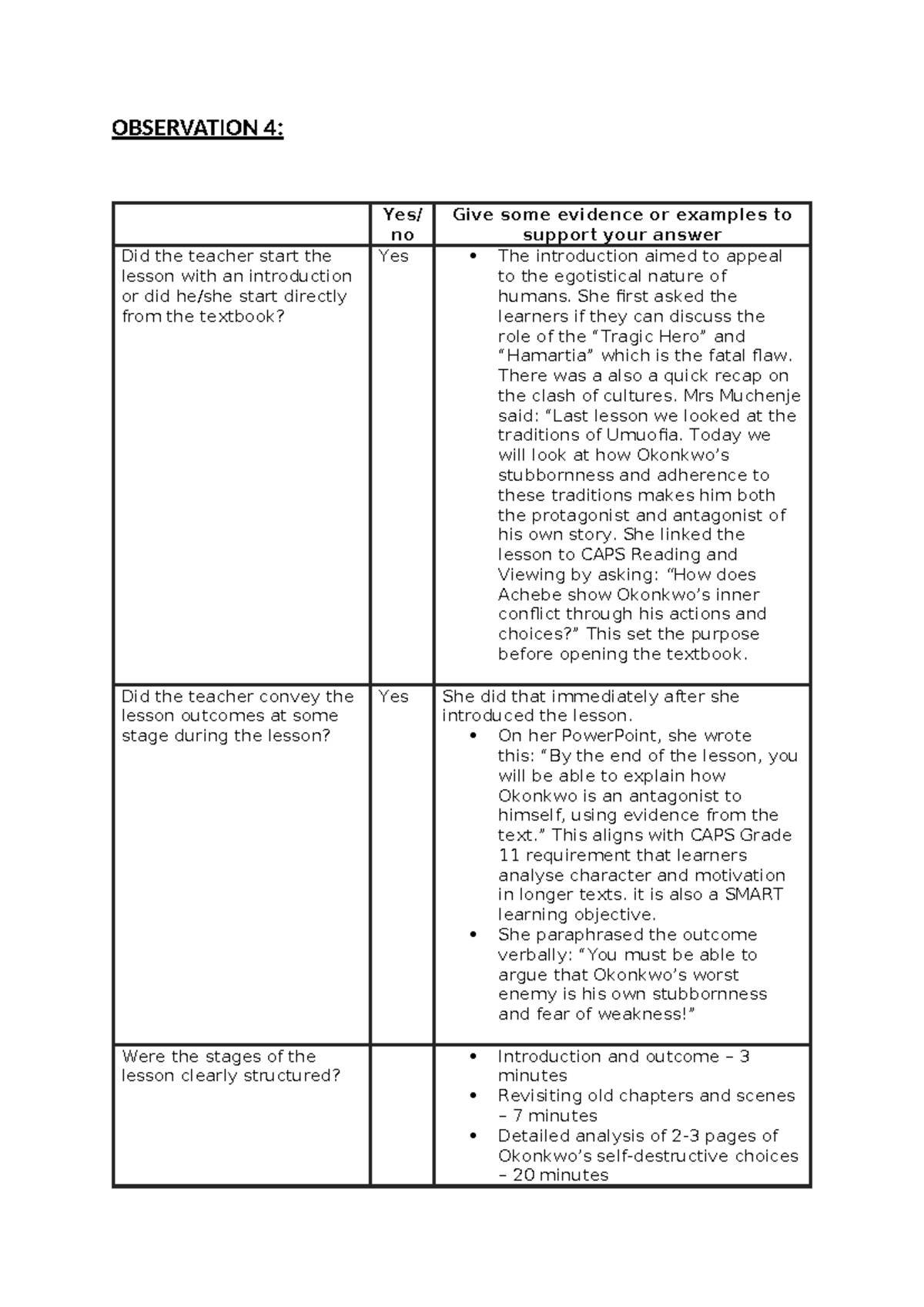 Observation 4: Teacher's Lesson Structure and Engagement in CAPS Grade ...