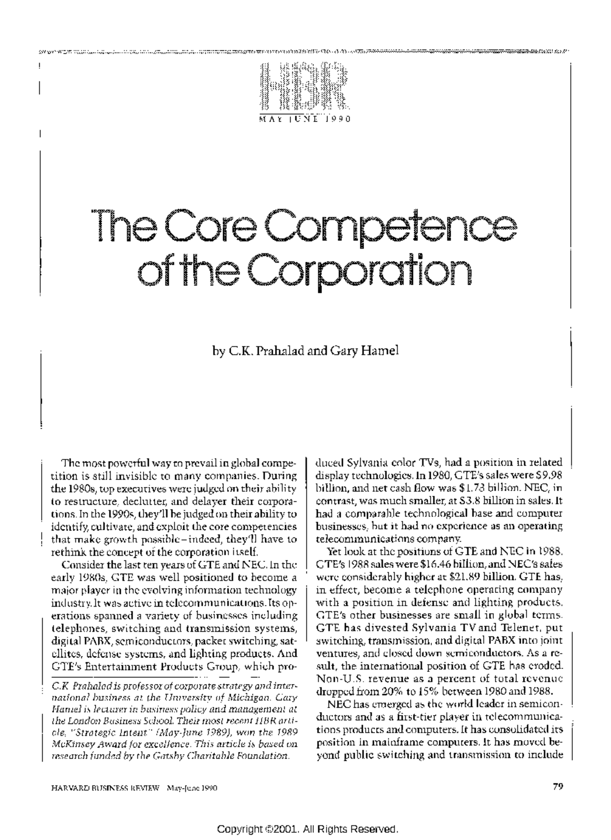 Core Competence of the Corporation: Insights from Prahalad & Hamel ...