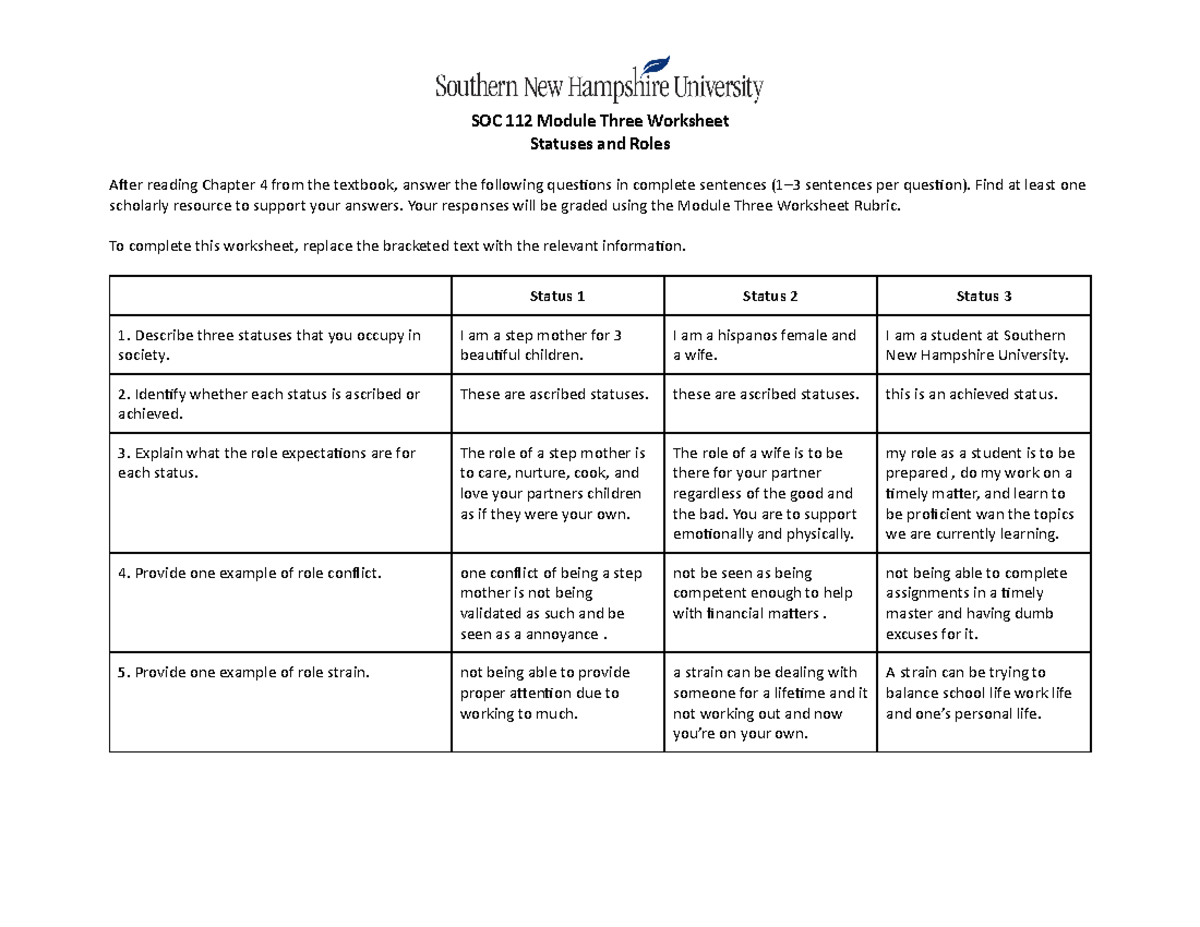 SOC 112 Module 3 Worksheet: Exploring Statuses and Roles in Society ...