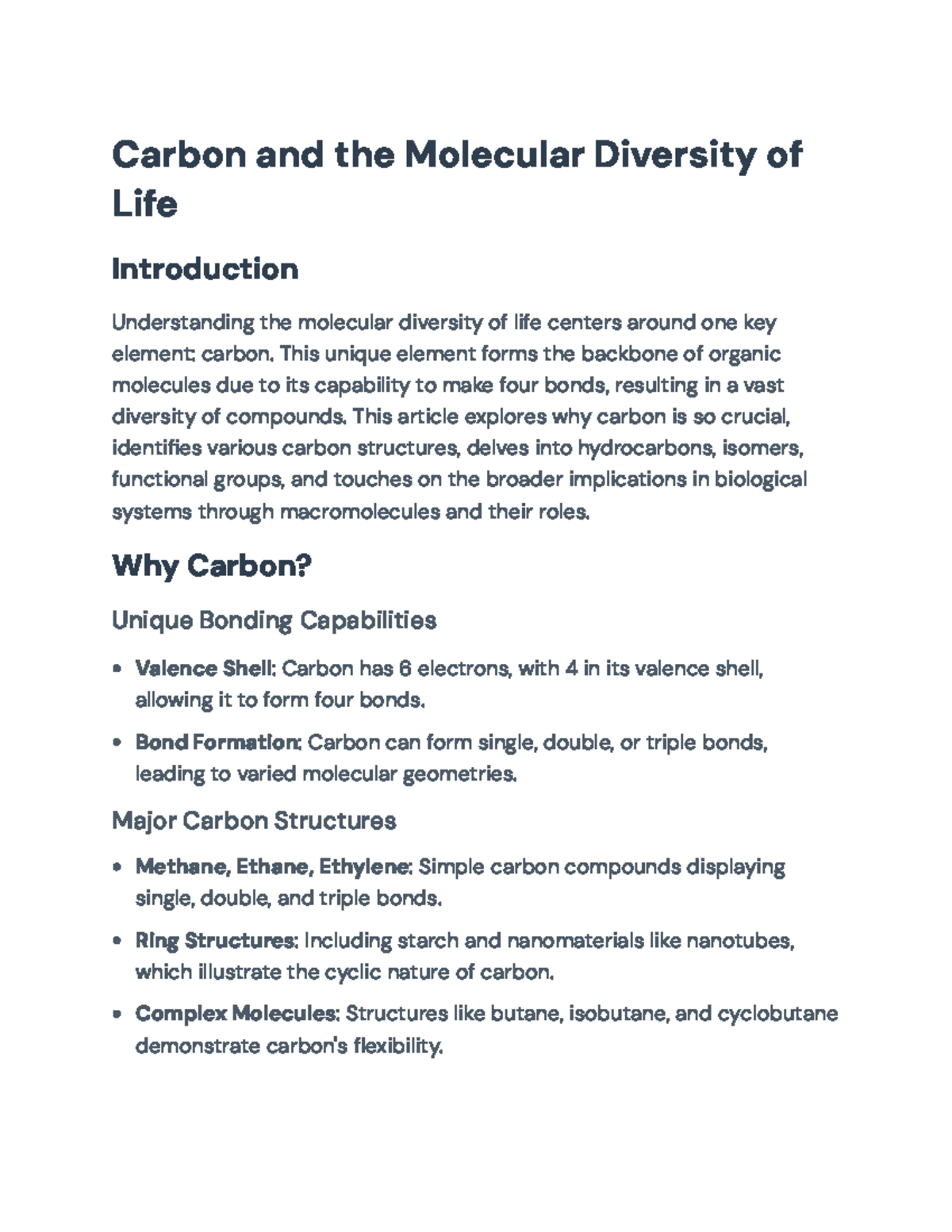 Carbon's Role in Molecular Diversity: Structures & Biological ...