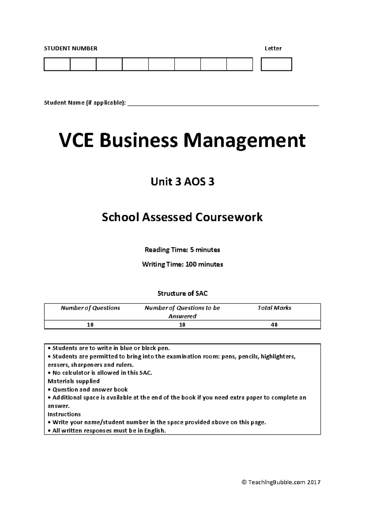 VCE Business Management Unit 3 AOS 3 Practice SAC 1 - Willy Chocolate ...