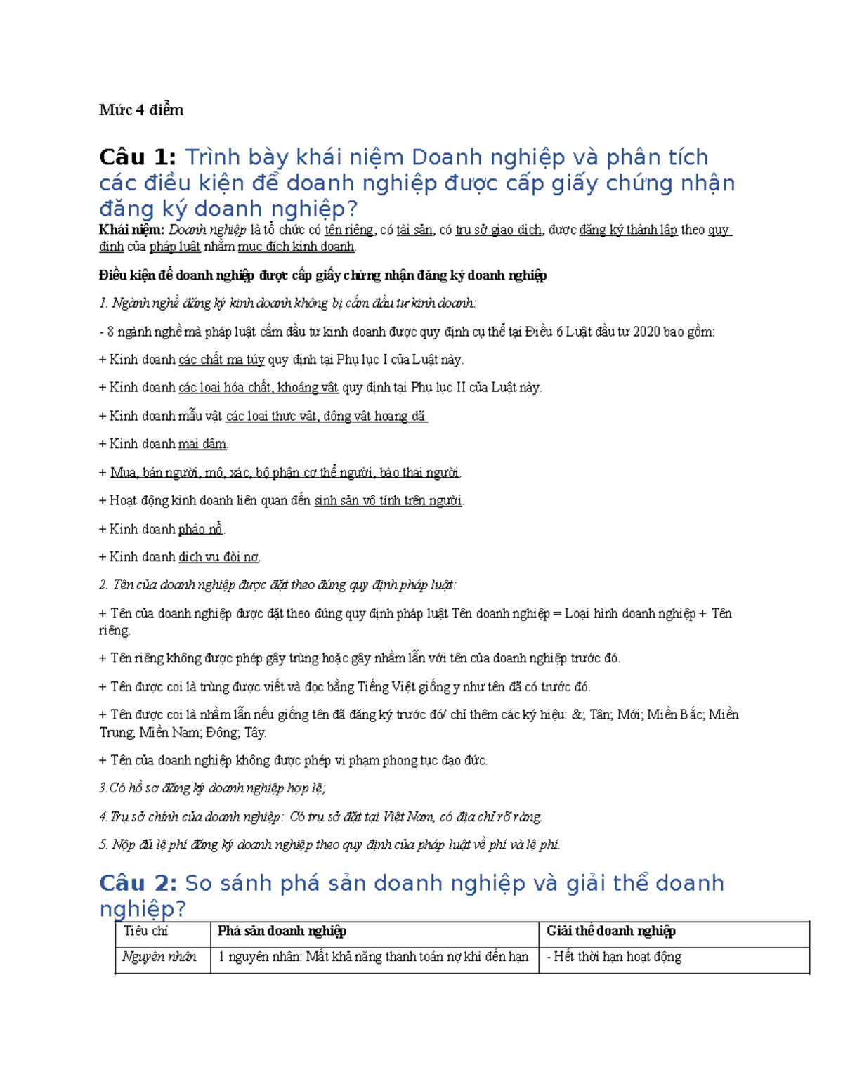 Câu Hỏi Ôn Tập KT PLKT Lần II: Doanh Nghiệp và Phá Sản - Studocu