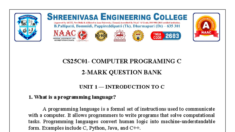 CS25C01 - Computer Programming C Question Bank Unit 1 Notes - Studocu