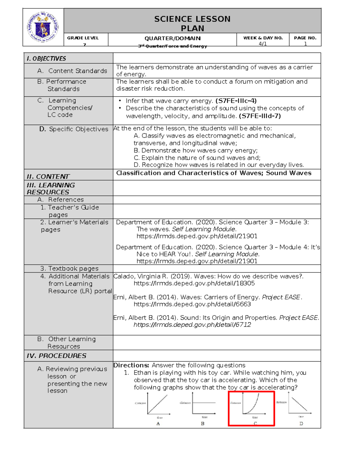 Enhanced Science 7: Waves and Sound Lesson Plan for 3rd Quarter - Studocu