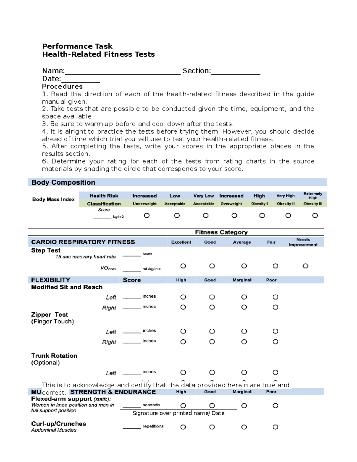 Performance Task 1 - Performance Task Health-Related Fitness Tests ...