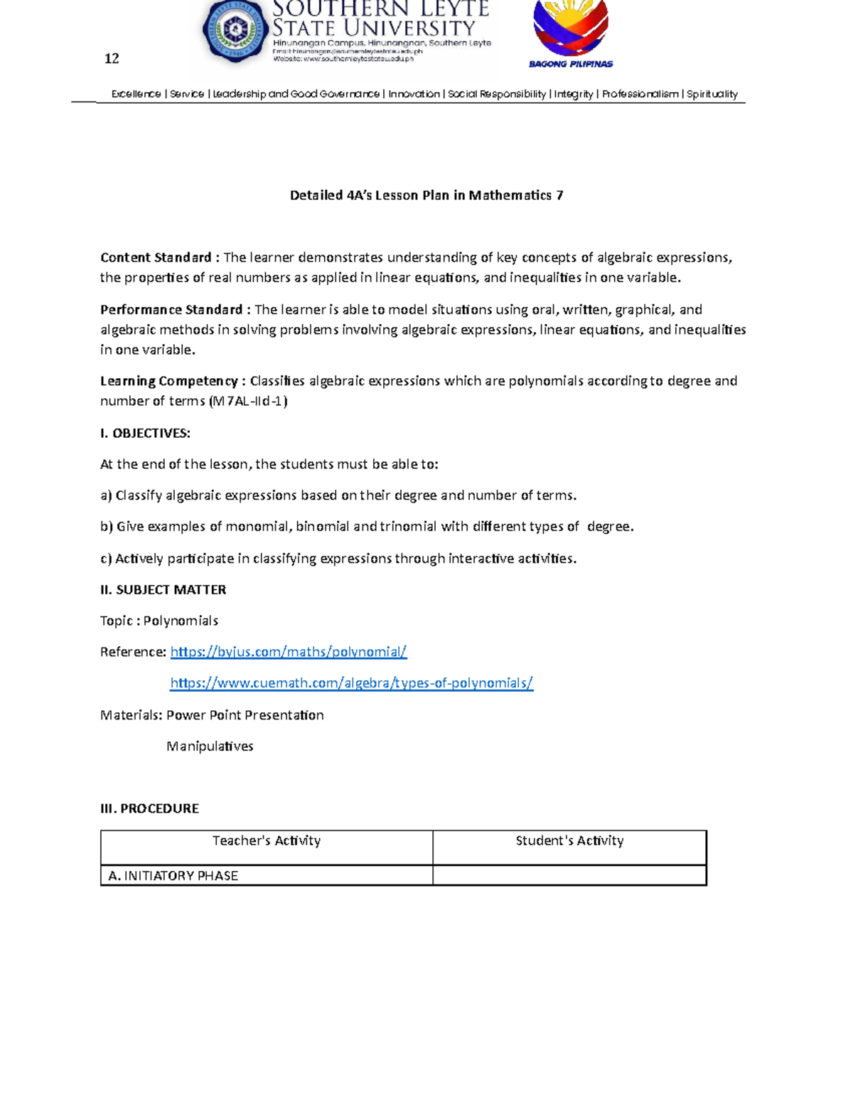 Detailed Lesson Plan: Polynomials in Math 7 (BSEd 2 MATHA) - Studocu