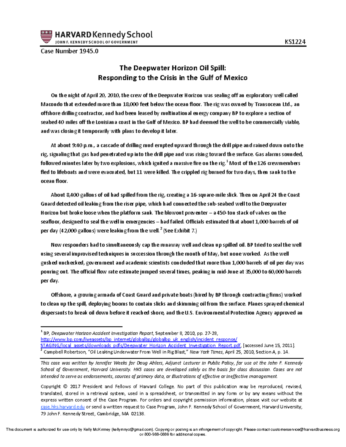 KS1224 Case Study: The Deepwater Horizon Oil Spill Response Analysis ...