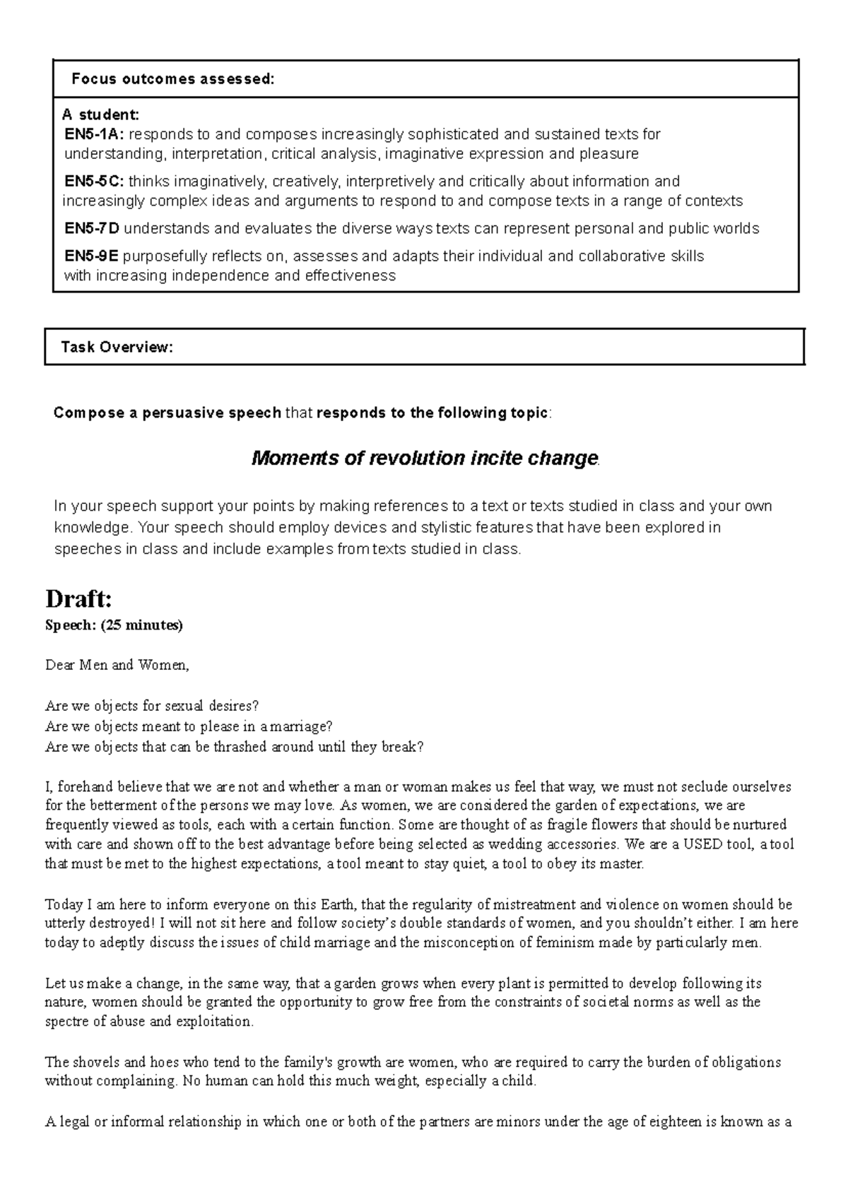 Year 10 English Task 1: Persuasive Speech on Revolution and Change ...