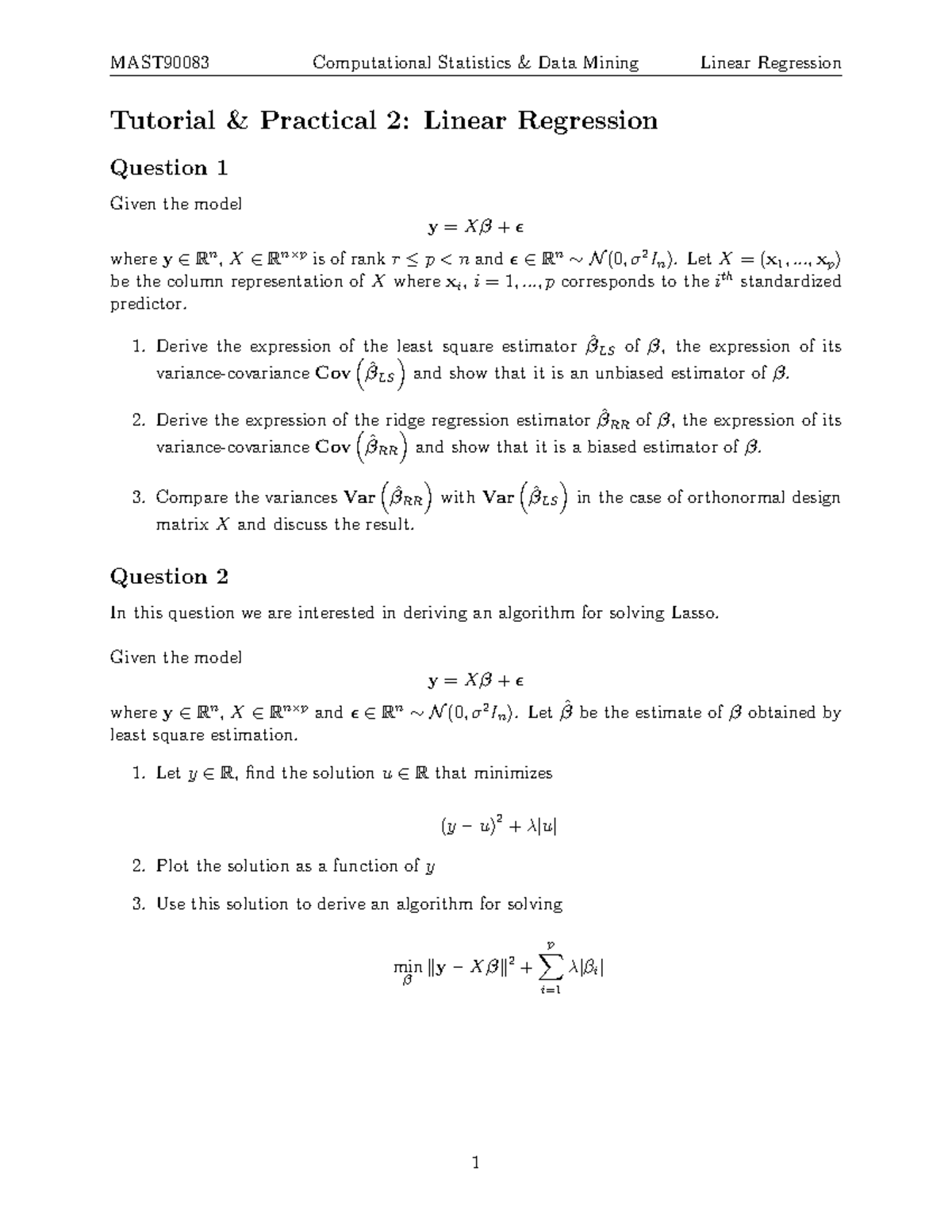 MAST90083 Tutorial 2: Linear Regression & Lasso Estimation Techniques - Studocu