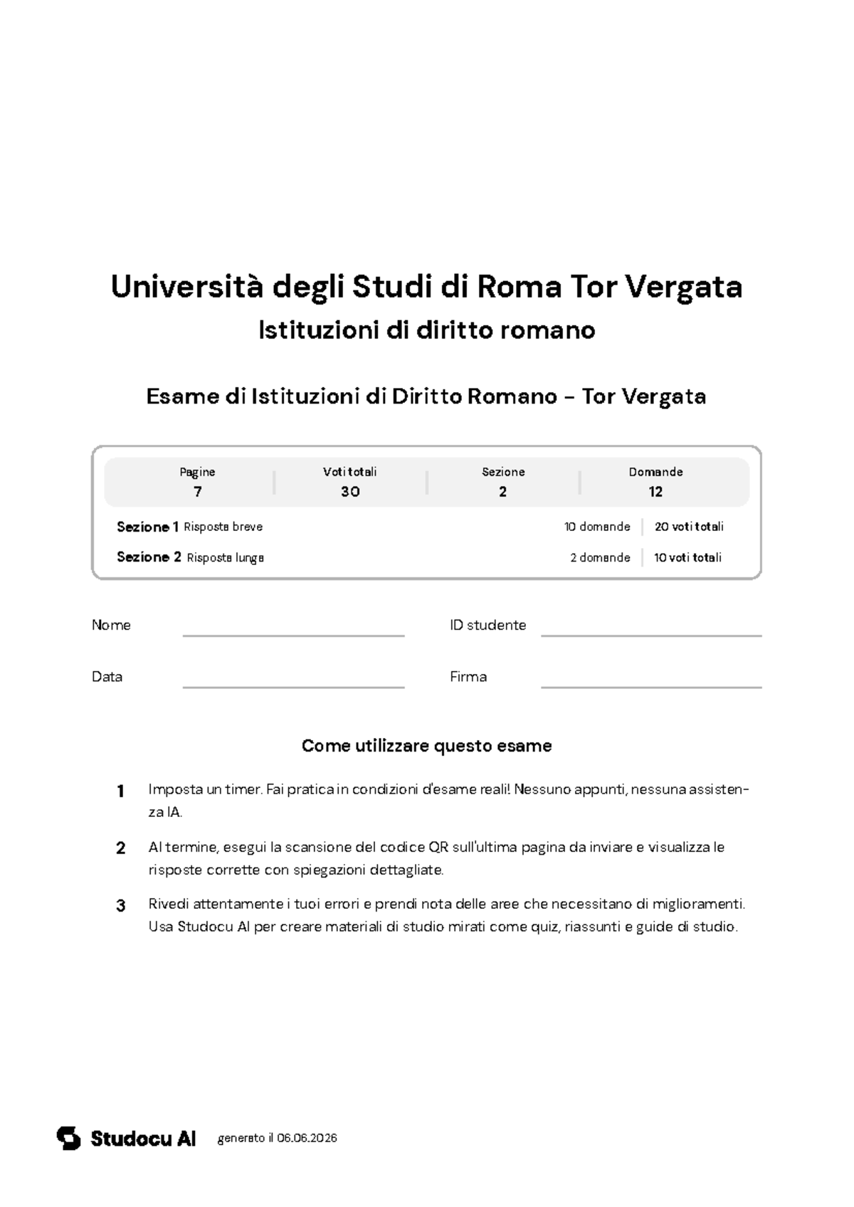 Esame di Istituzioni di Diritto Romano - Tor Vergata - Studocu
