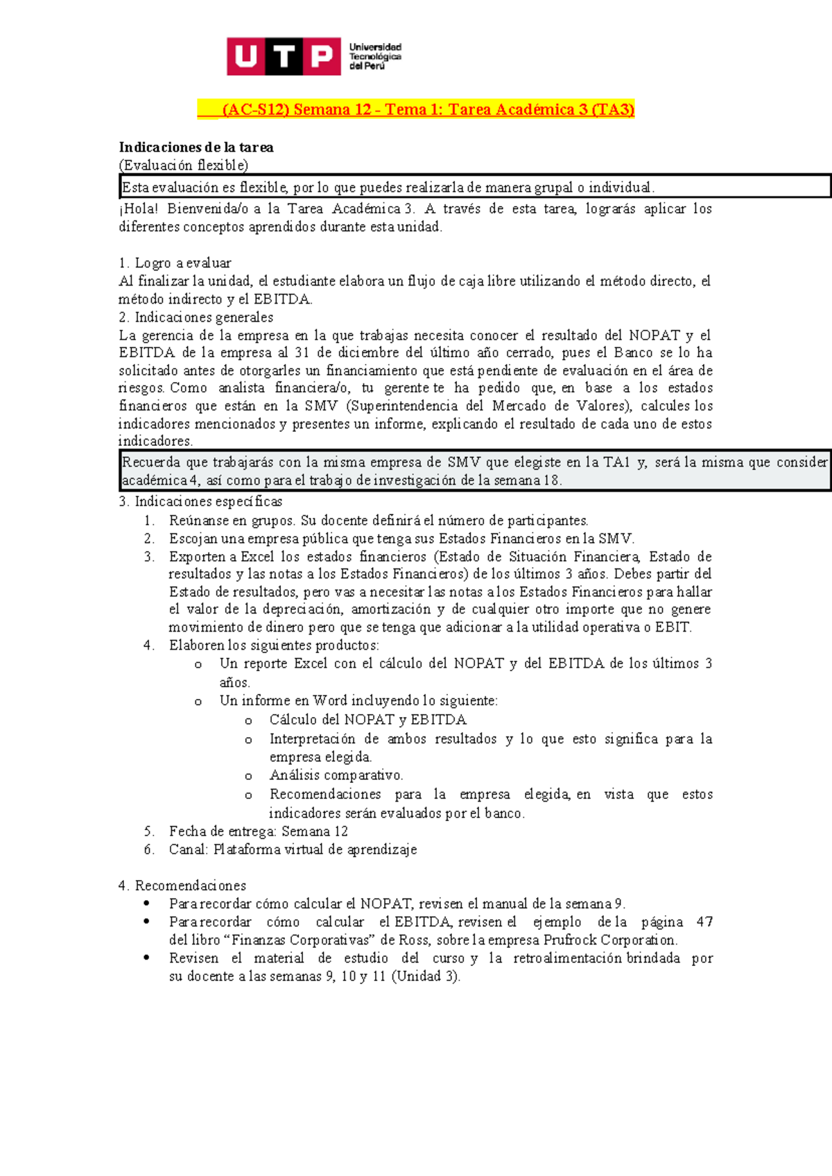 (AC-S12) Semana 12 - TA3: Cálculo de NOPAT y EBITDA en Excel - Studocu