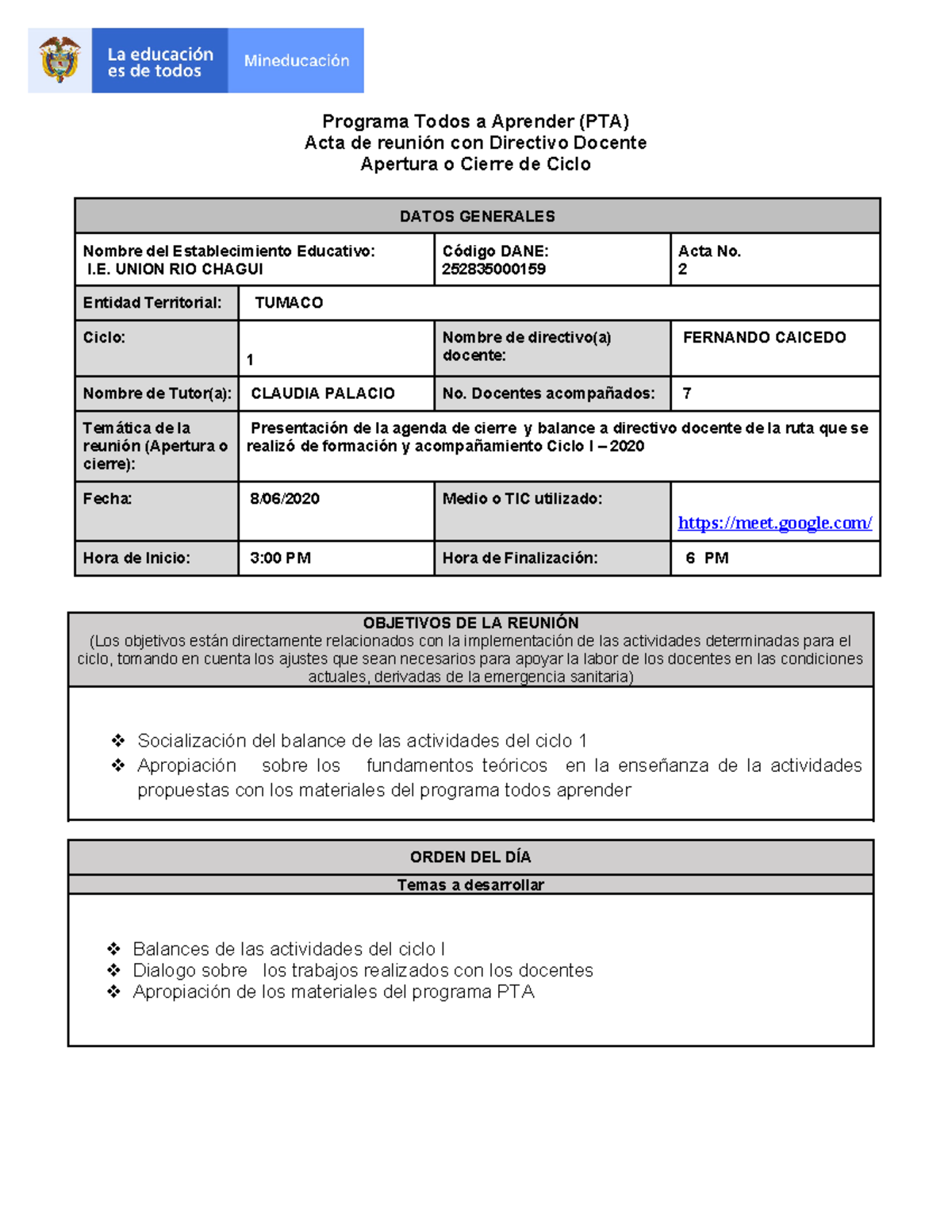 Acta de Apertura y Cierre del Ciclo I - Programa PTA - Tumaco - Studocu