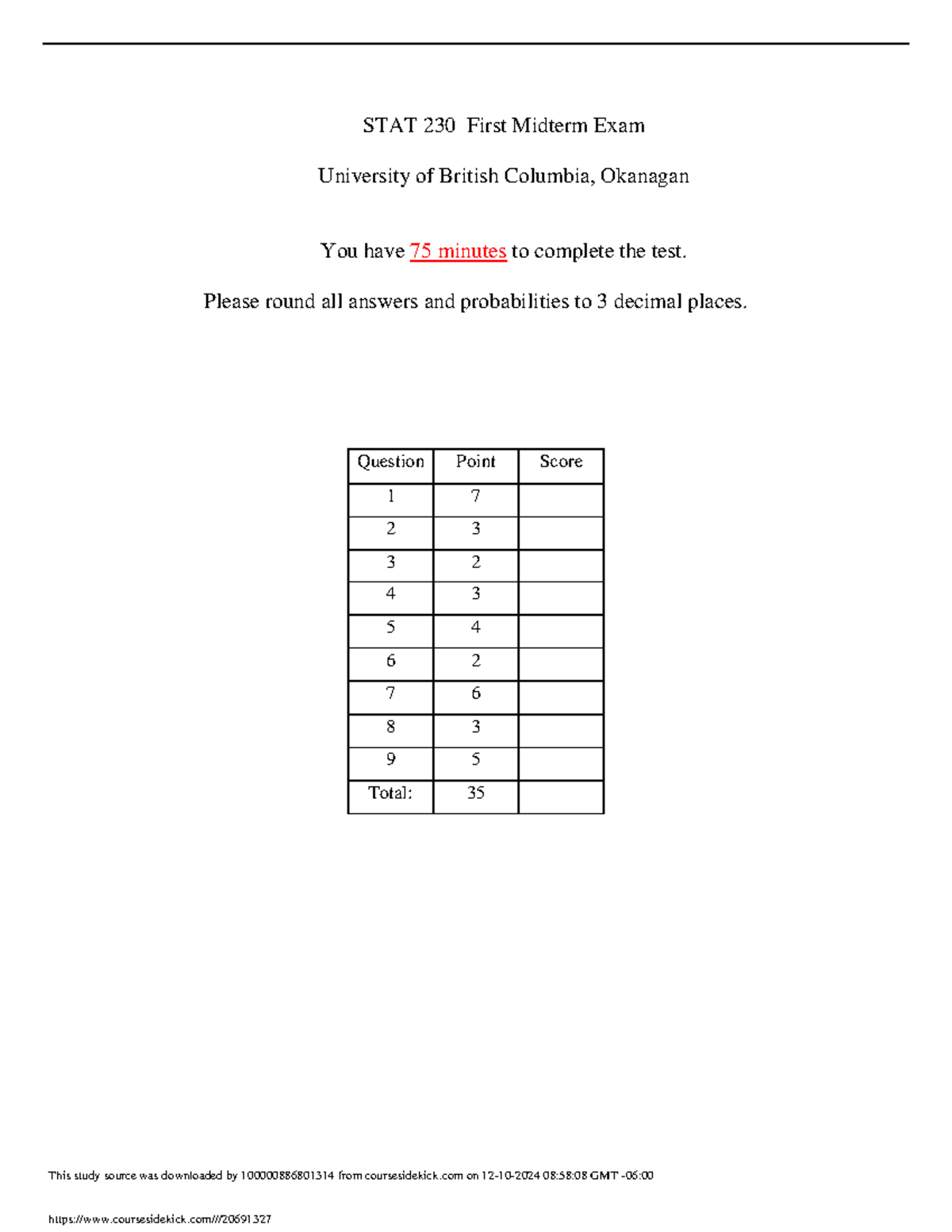 First Midterm Exam complete - STAT 230 First Midterm Exam University of British Columbia ...