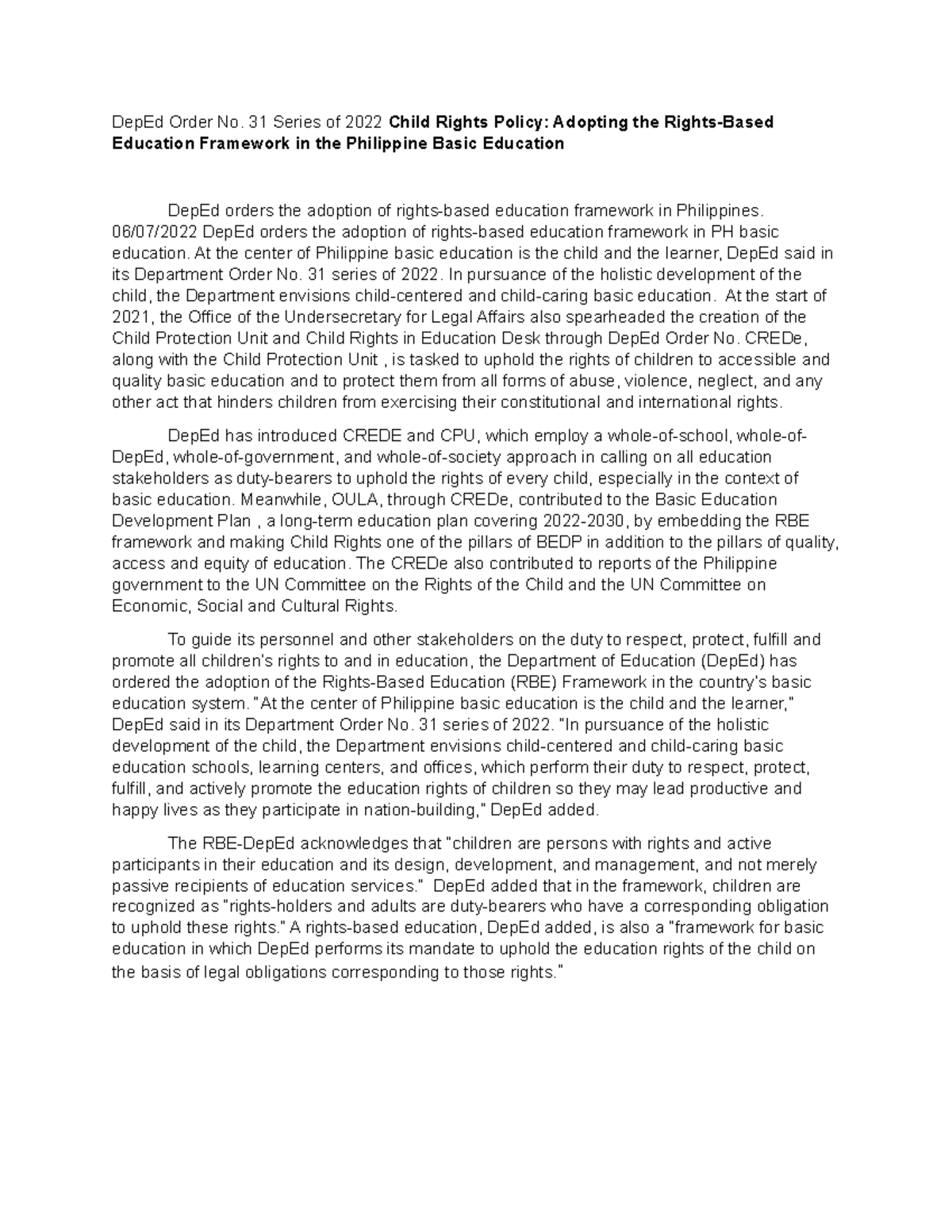 Revamped DepEd Order No. 31, S. 2022: Child Rights Education Framework ...