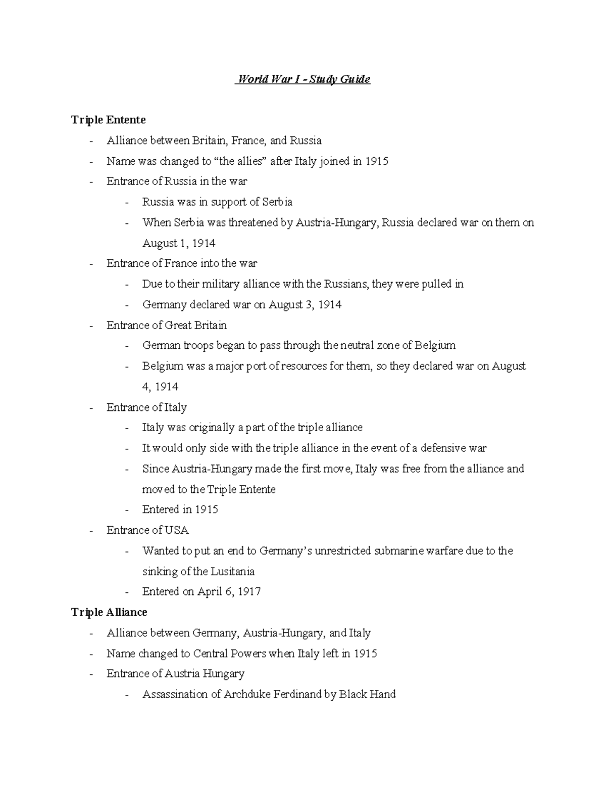 WWI 101: Comprehensive Test Study Guide on Key Events and Battles - Studocu
