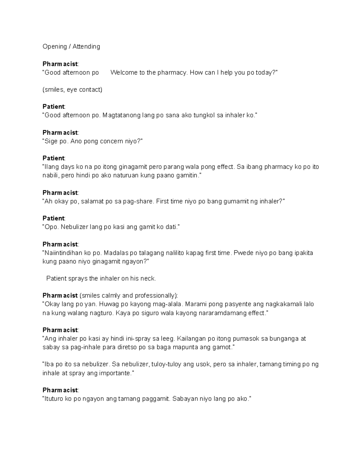 Pharmacy Interaction Script: Inhaler Usage Guidance - Studocu