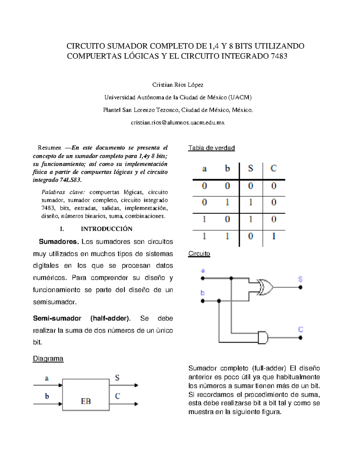 Reporte de Circuito Sumador Completo de 1, 4 y 8 Bits (IC 7483) - Studocu
