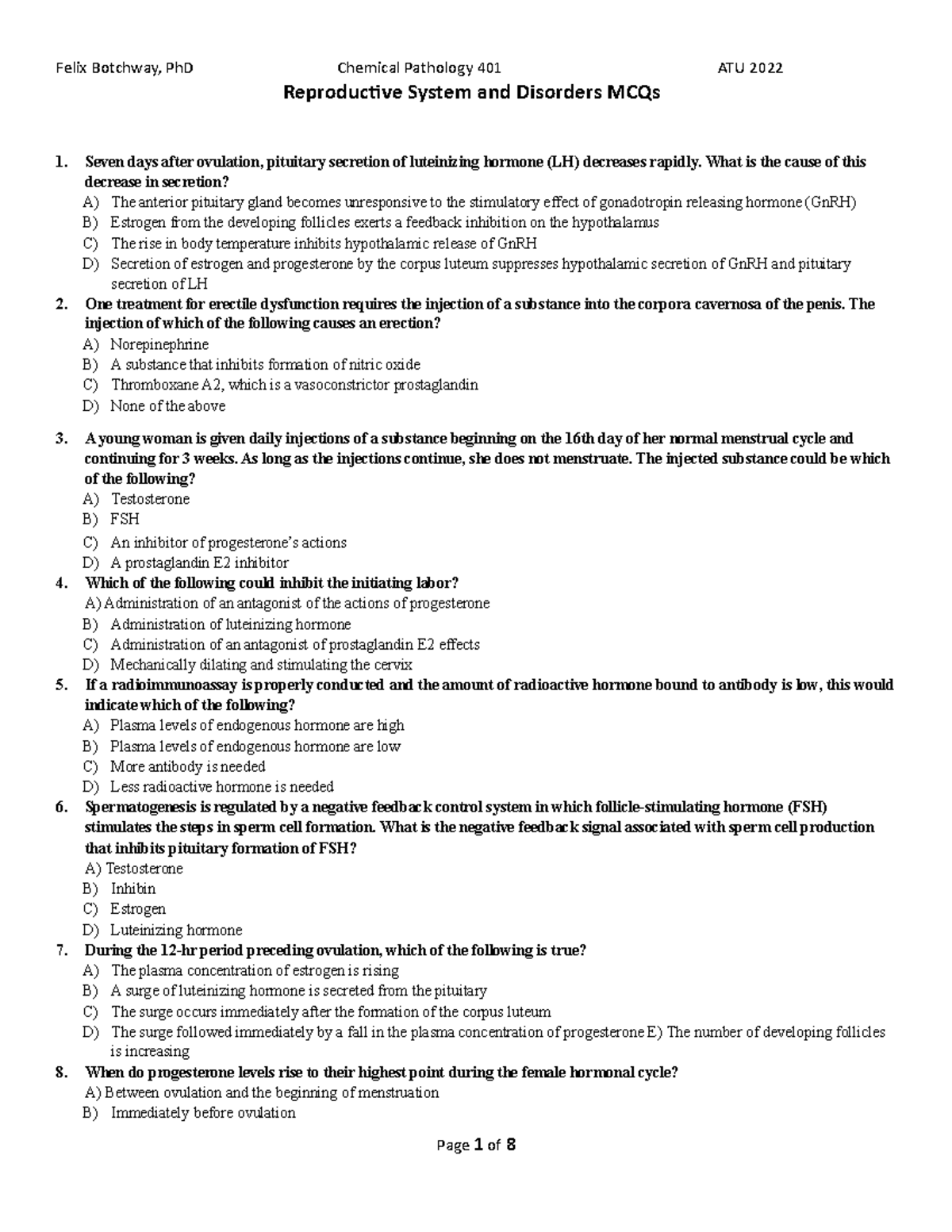 MCQs on Reproductive System Disorders for BIO 101 - 2022 - Studocu