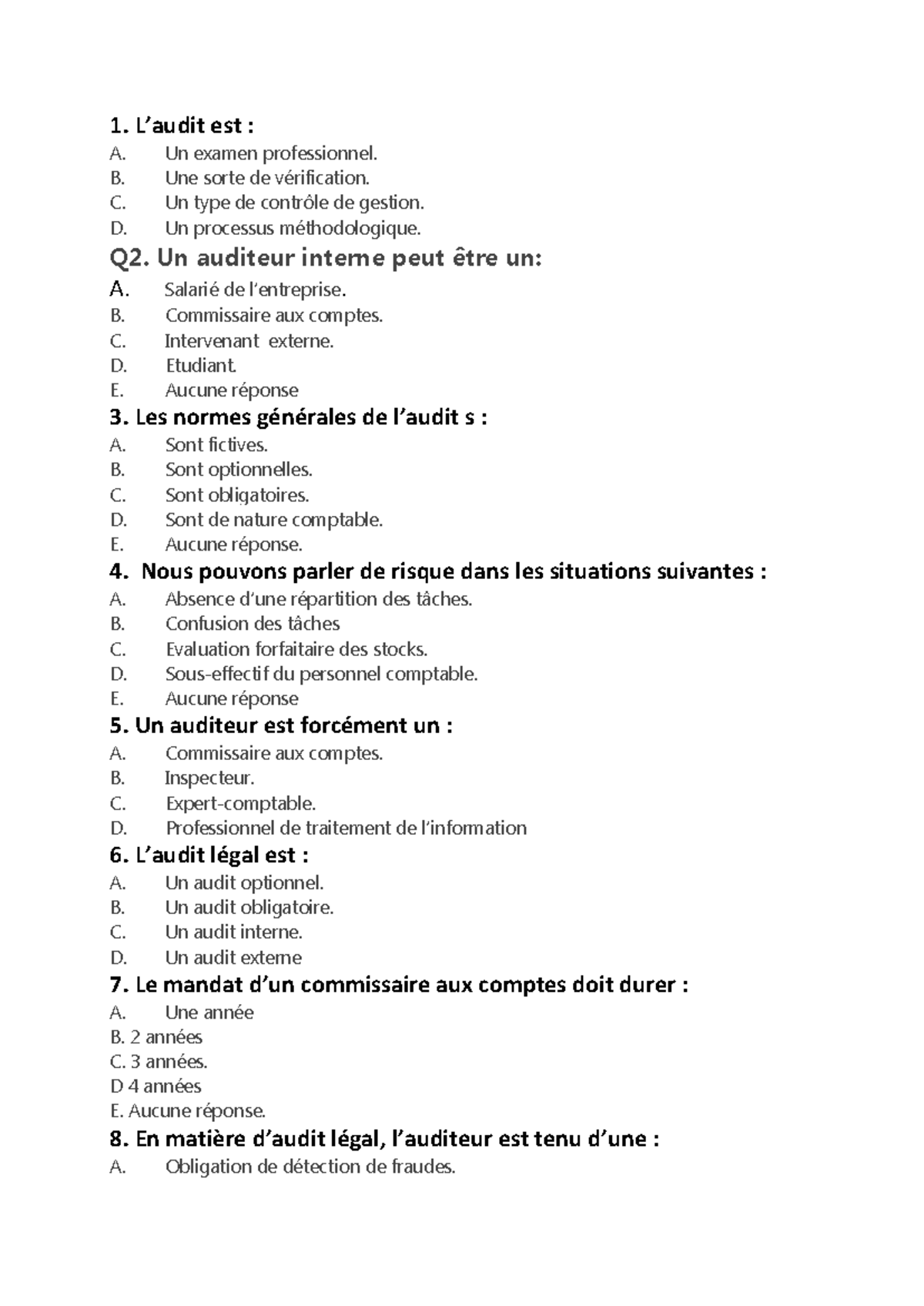 QCM Daudit PDF - audit général - ϭ. L’audit est : A. Un examen ...