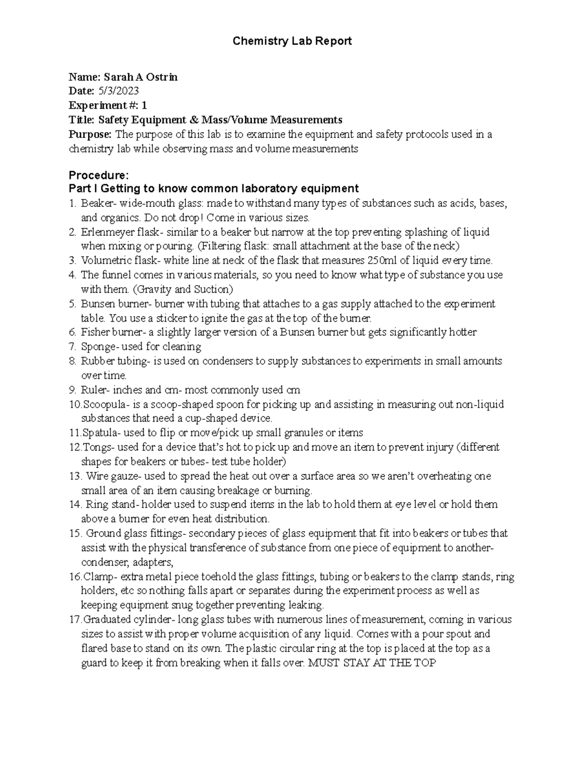 Chemistry Lab Report 1: Safety Protocols & Mass/Volume Measurements ...