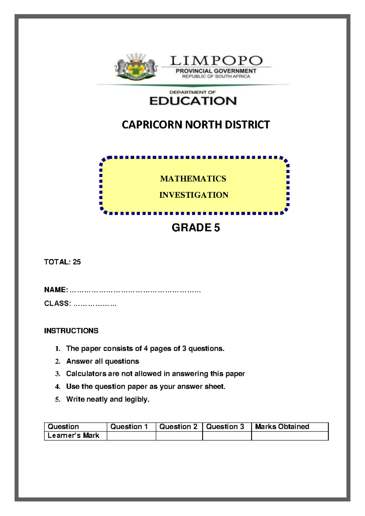 2025 Grade 5 Math Investigation: Capricorn North District Exam - Studocu