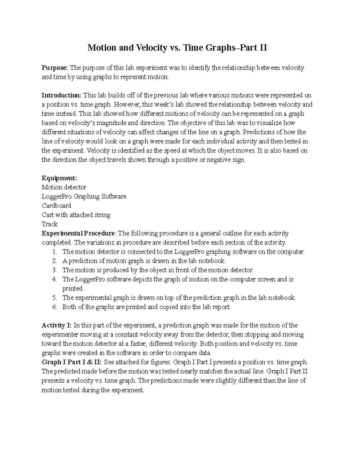 Lab Report 2: Exploring Motion & Velocity vs. Time Graphs - Studocu