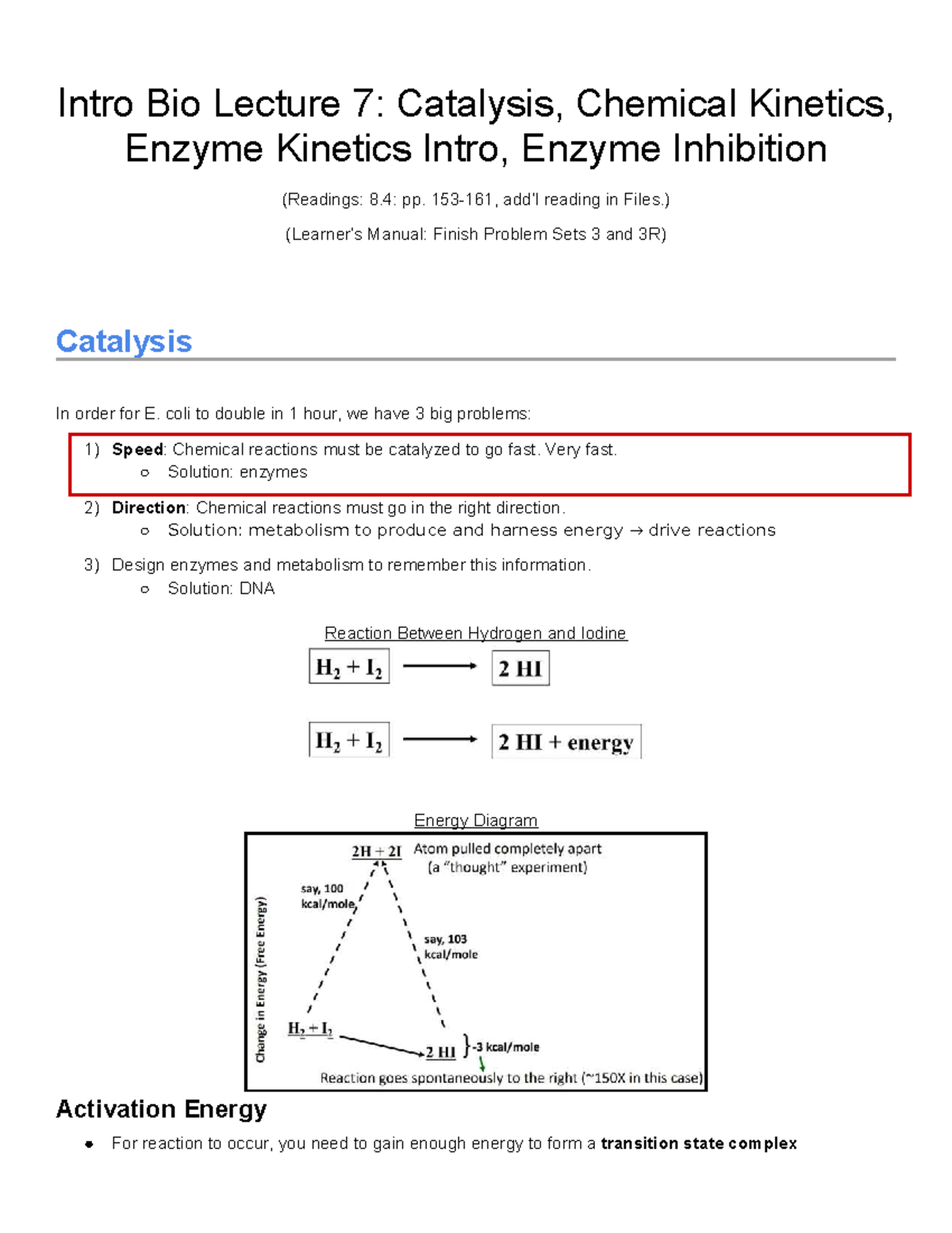 Intro Bio I Lecture 7: Catalysis & Enzyme Kinetics Overview - Studocu
