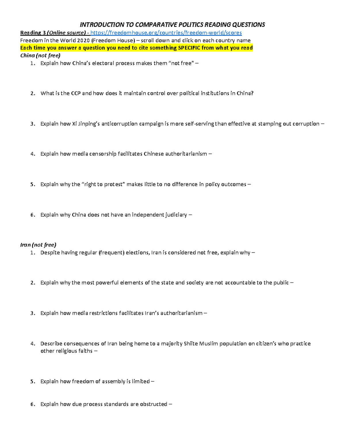 Comparative Politics Reading Questions: Freedom in the World 2020 ...