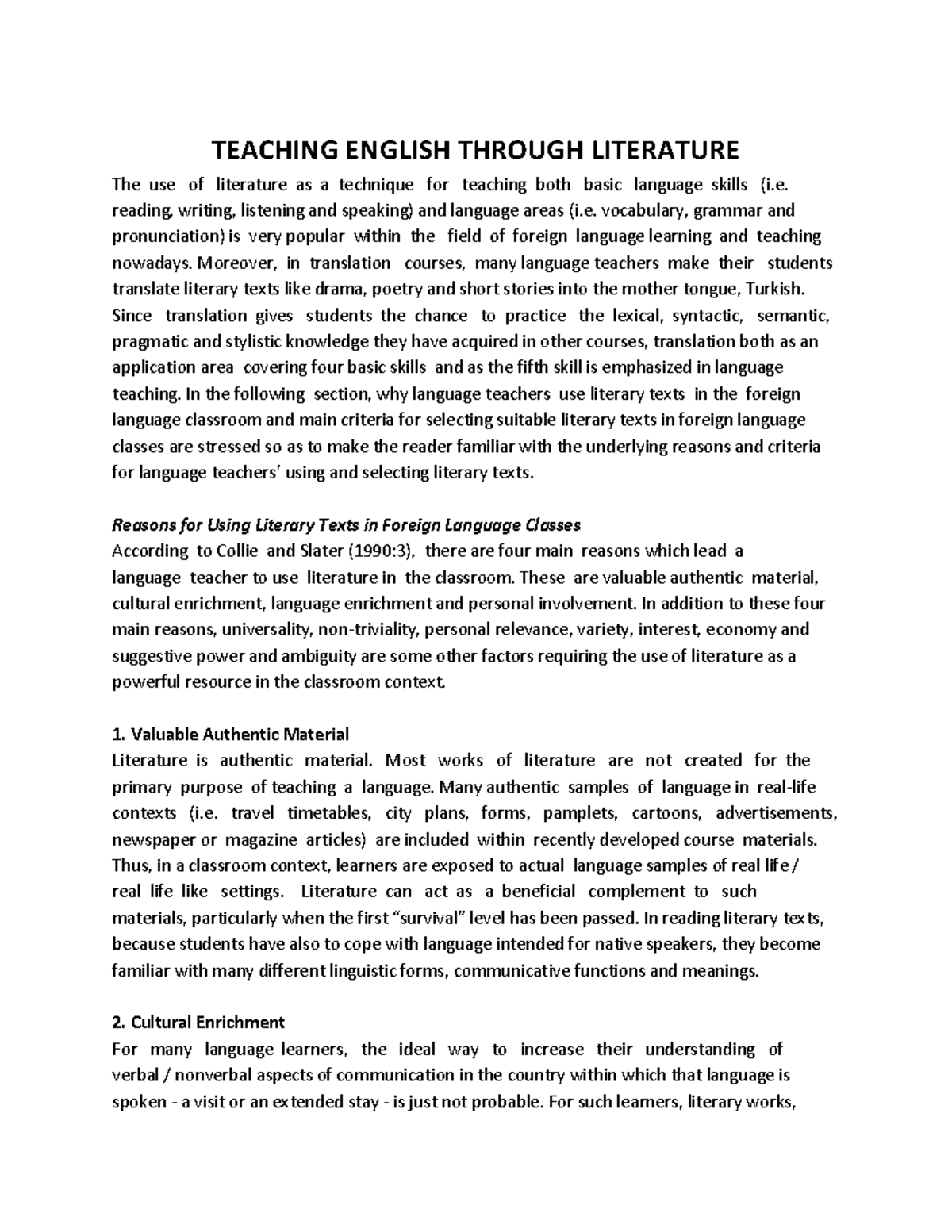 Teaching English Through Literature - TEACHING ENGLISH THROUGH LITERATURE The use of literature ...