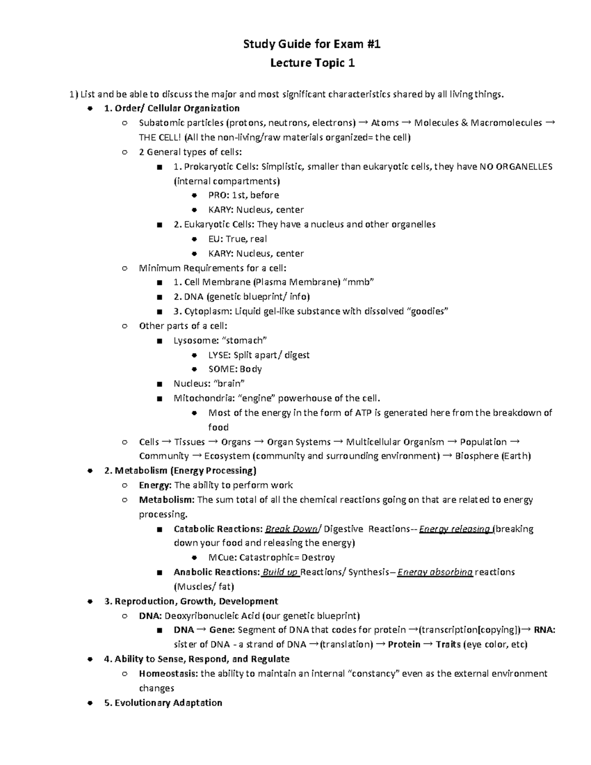 Bio 100 Study Guide for Exam 1 - Study Guide for Exam Lecture Topic 1 List and be able to ...